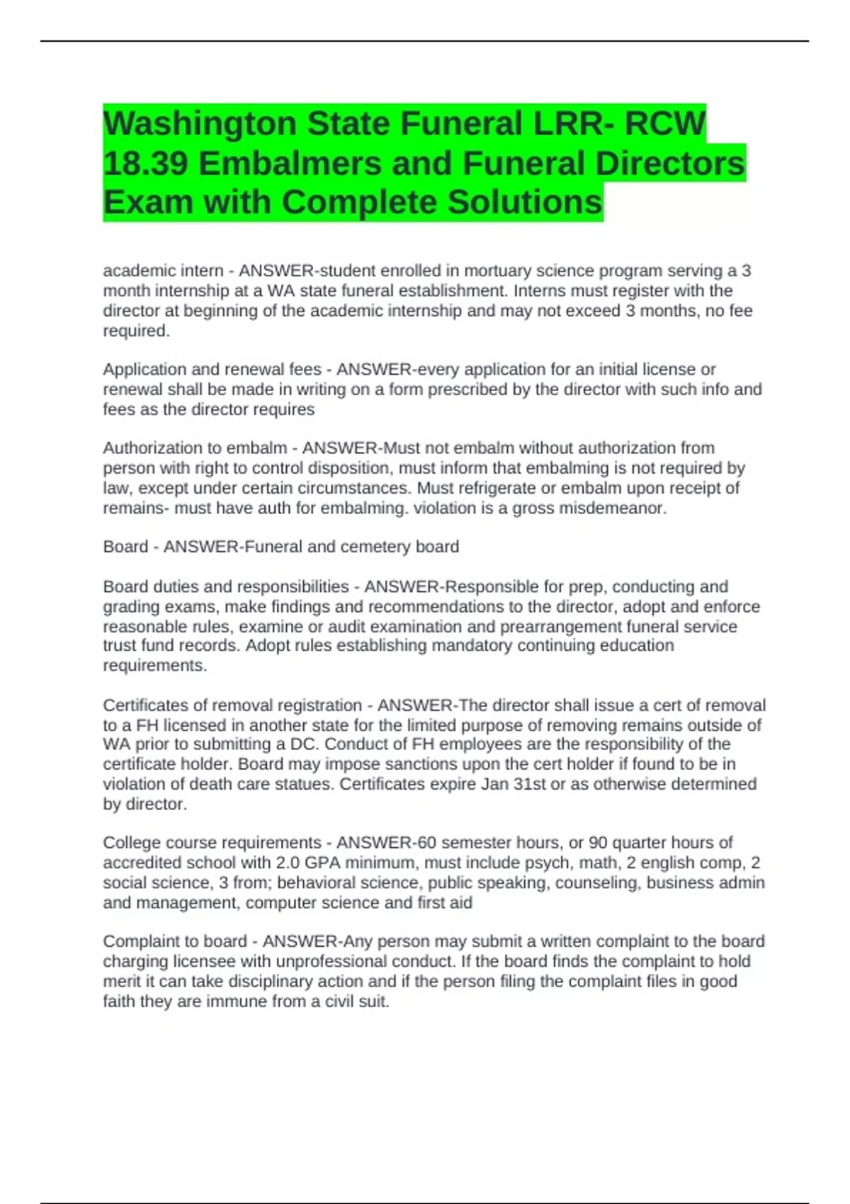 Washington State Funeral LRR- RCW 18.39 Embalmers and Funeral Directors ...