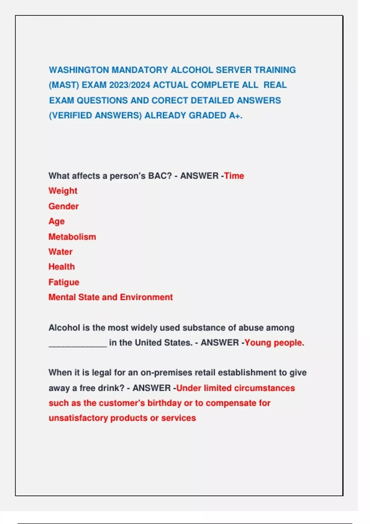 WASHINGTON MANDATORY ALCOHOL SERVER TRAINING (MAST) EXAM 2023/2024 ...