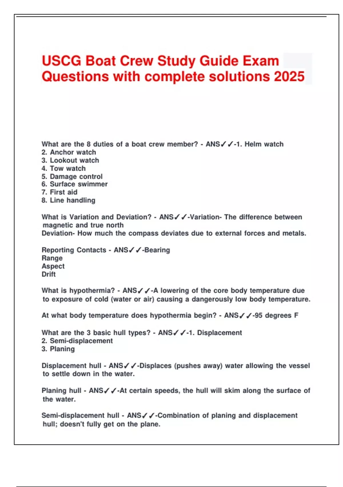 USCG Boat Crew Study Guide Exam Questions with complete solutions 2025 ...