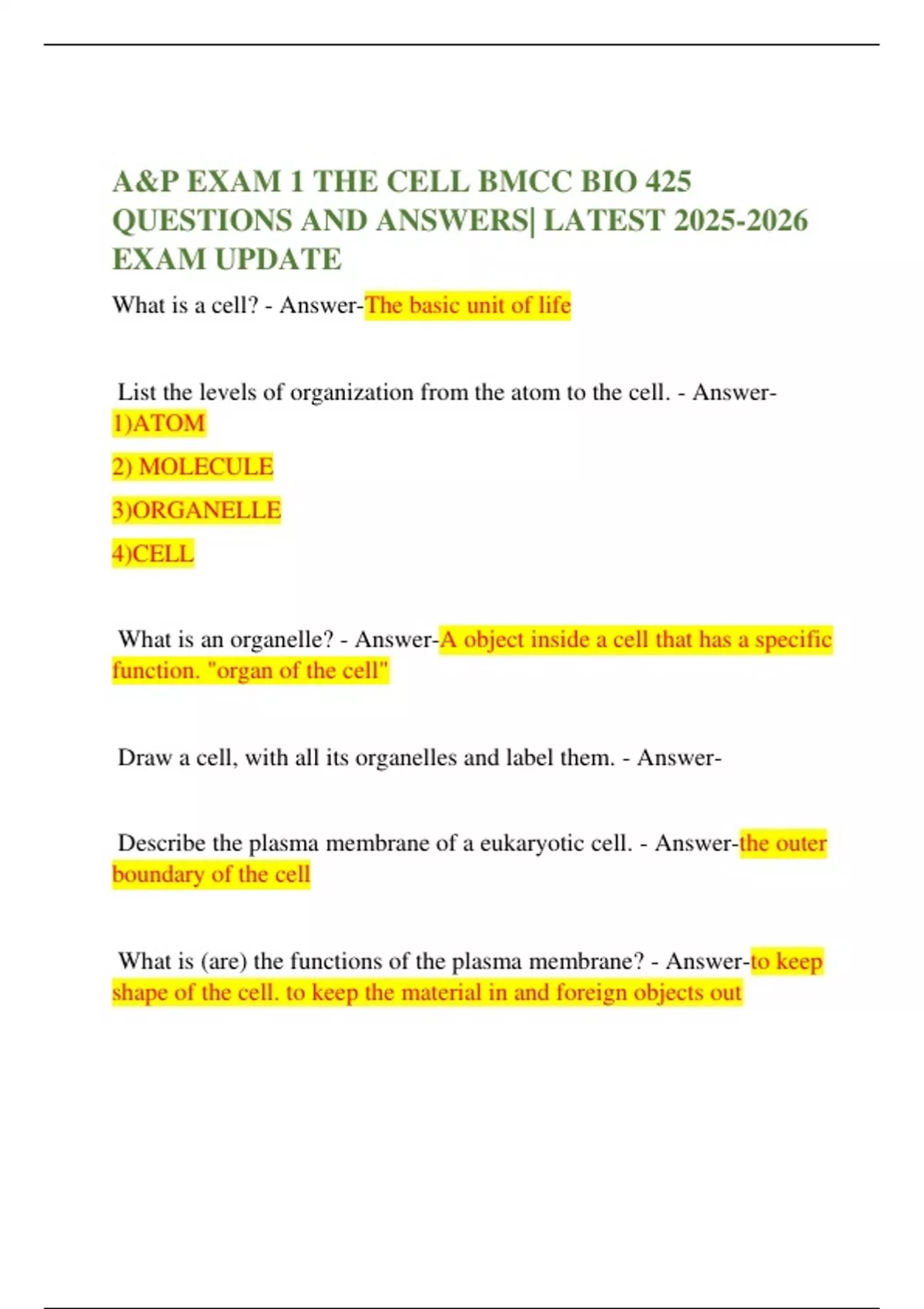 A&P EXAM 1 THE CELL BMCC BIO 425 QUESTIONS AND ANSWERS| LATEST EXAM ...