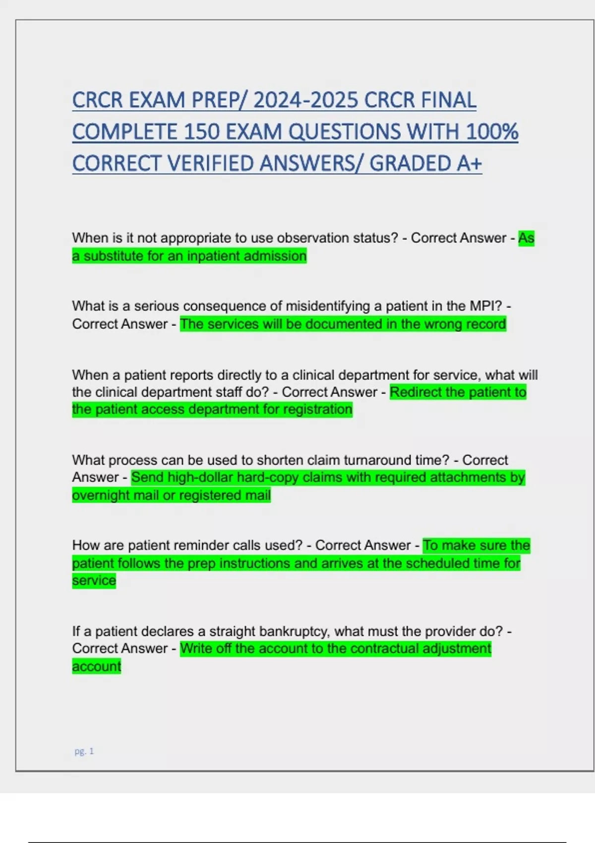 CRCR EXAM PREP/ CRCR FINAL COMPLETE 150 EXAM QUESTIONS WITH 100% ...