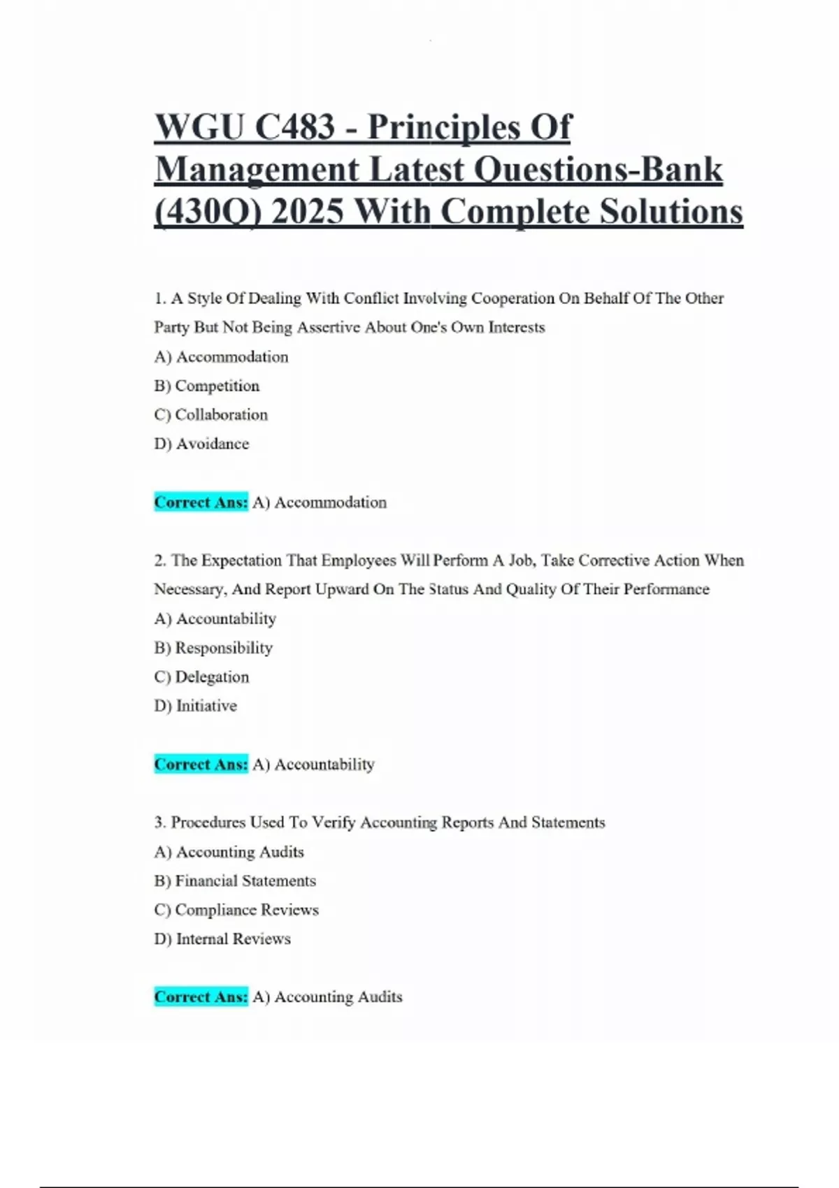 WGU C483 - Principles Of Management Latest Questions-Bank (430Q) 2025 ...