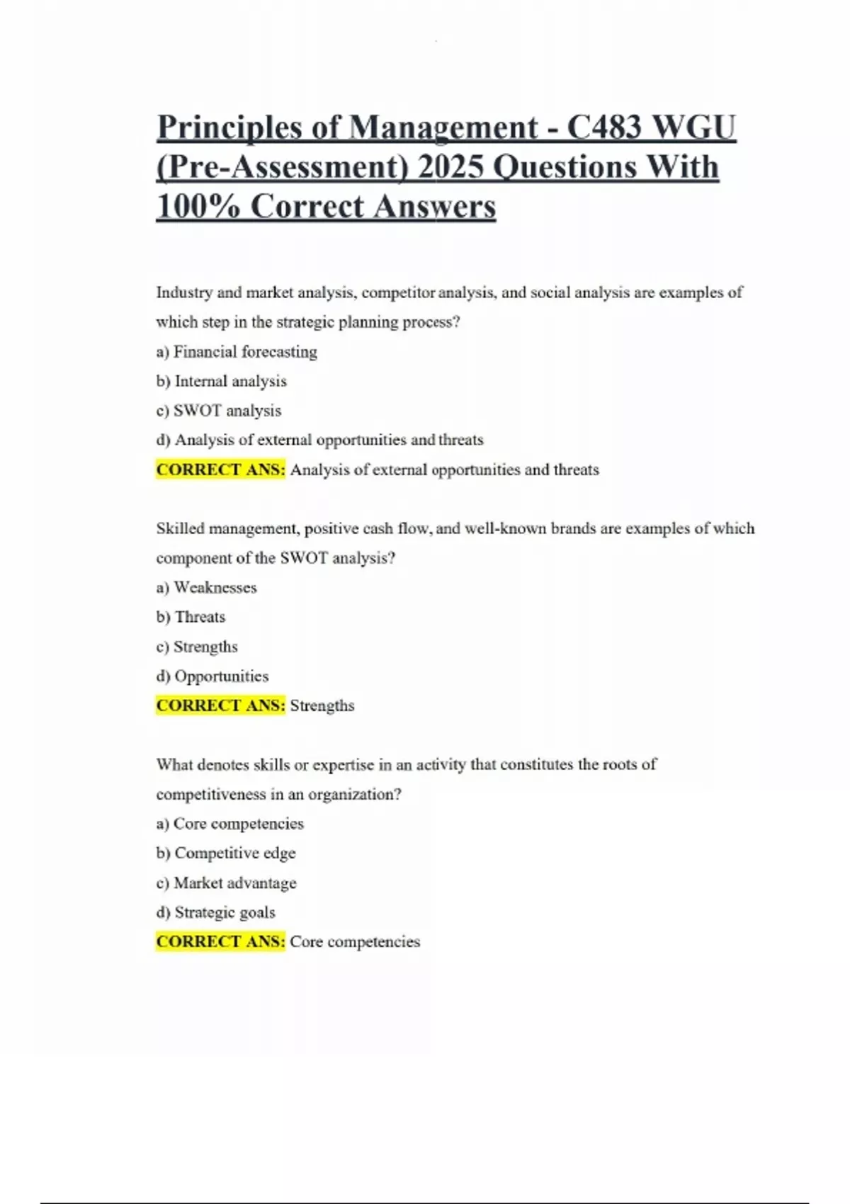 Principles of Management - C483 WGU (Pre-Assessment) 2025 Questions ...