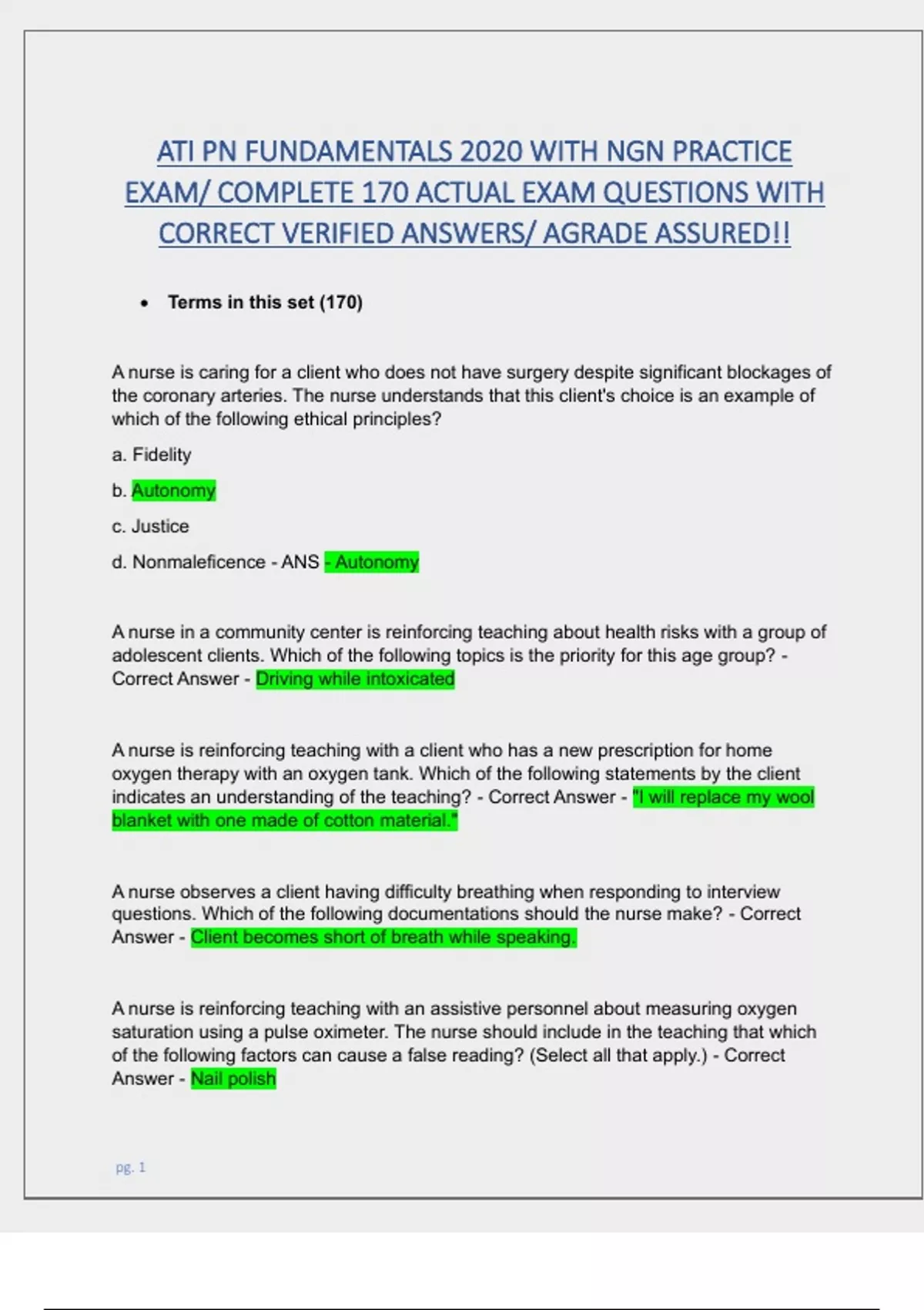 ATI PN FUNDAMENTALS 2020 WITH NGN PRACTICE EXAM/ COMPLETE 170 ACTUAL EXAM QUESTIONS WITH CORRECT ...