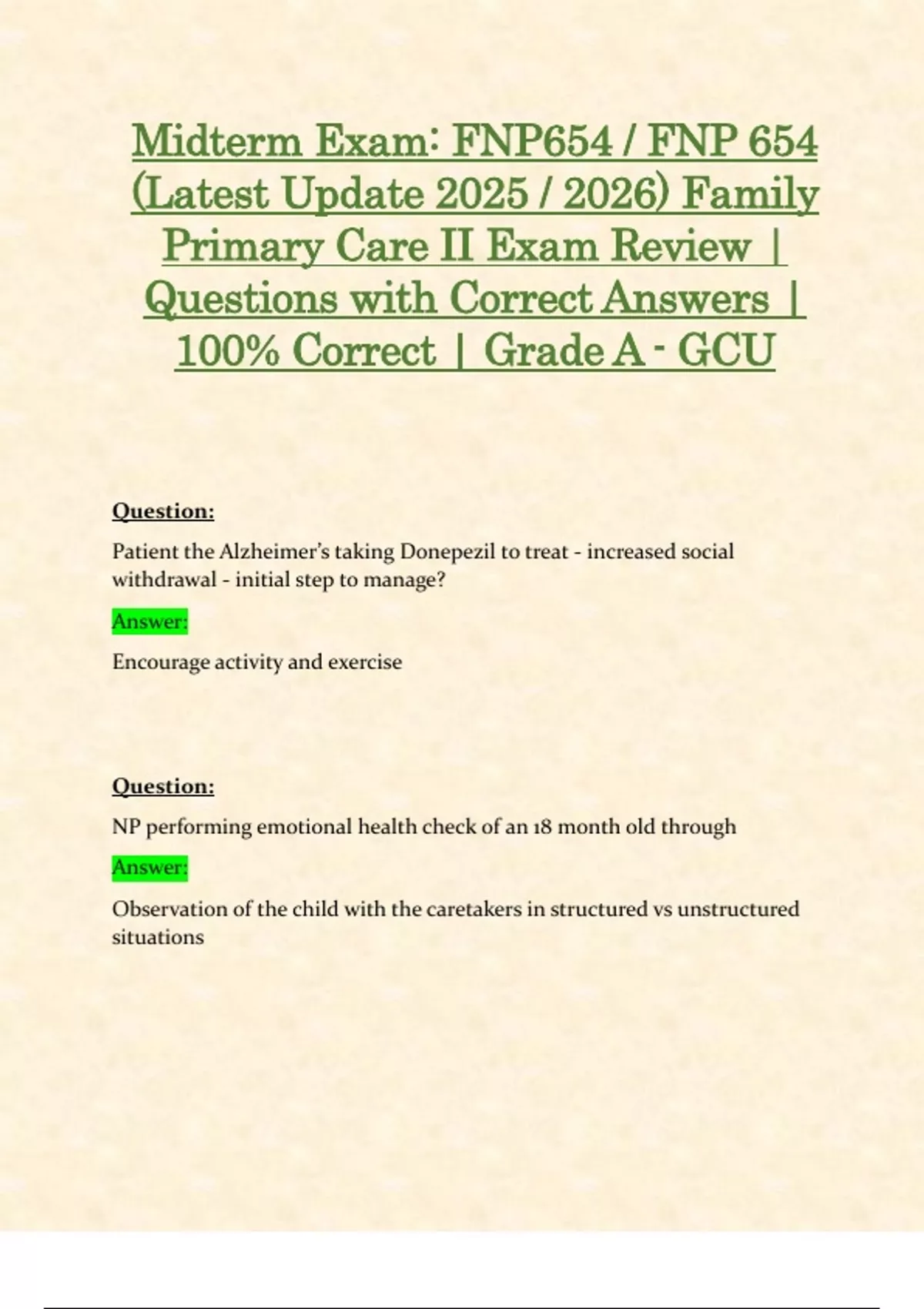 Midterm Exam: FNP654 / FNP 654 (Latest Update 2025 / 2026) Family ...