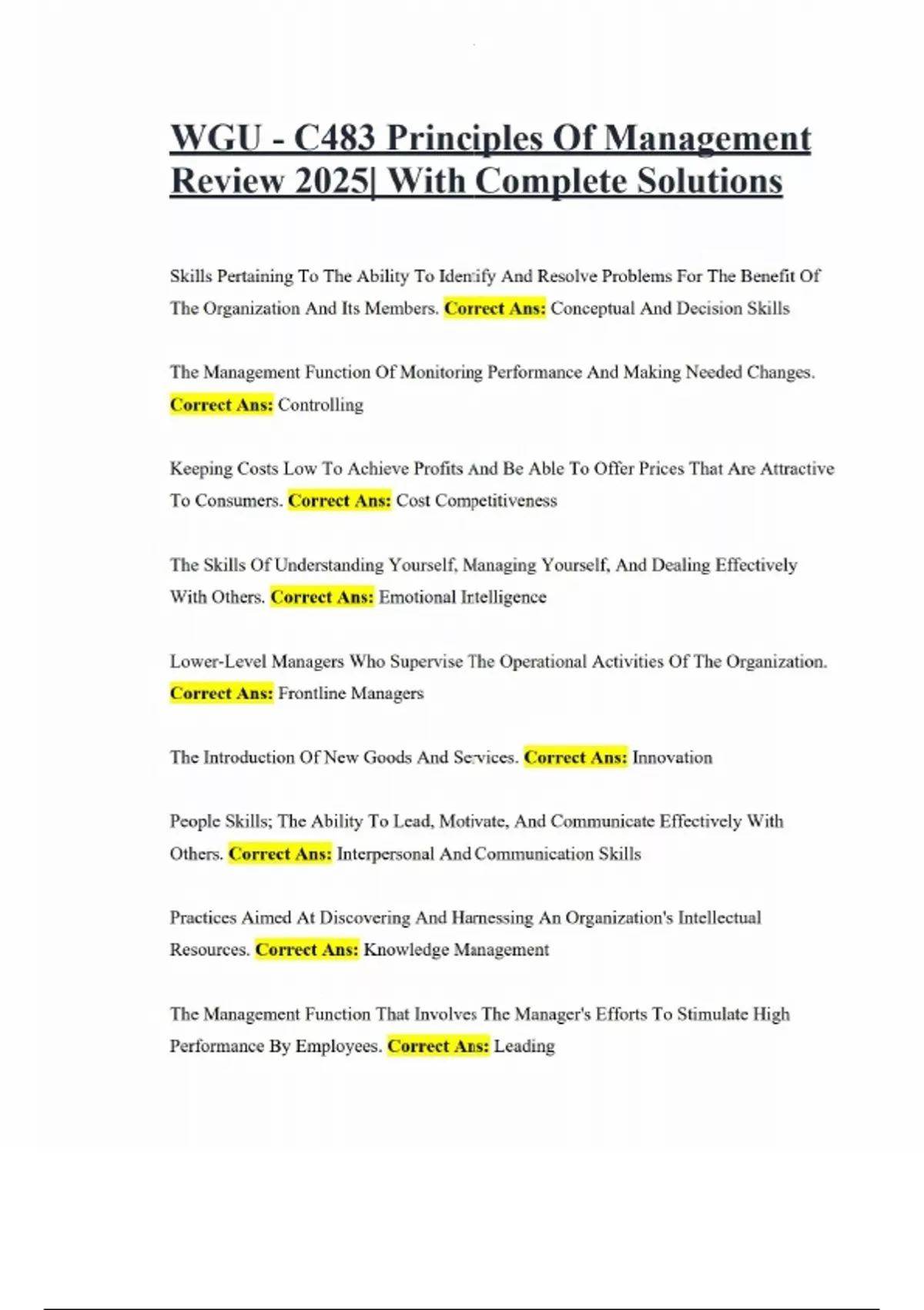 WGU - C483 Principles Of Management Review 2025| With Complete ...