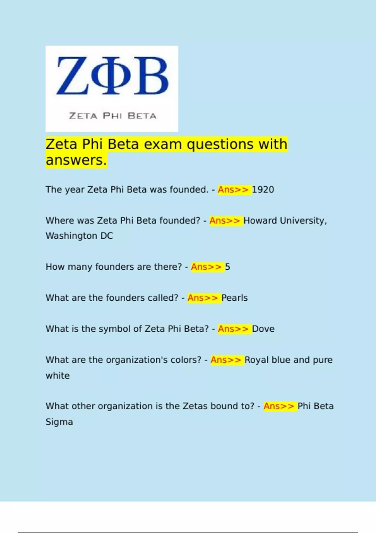 Zeta Phi Beta exam questions with answers. - Zeta Phi Beta ex - Stuvia US