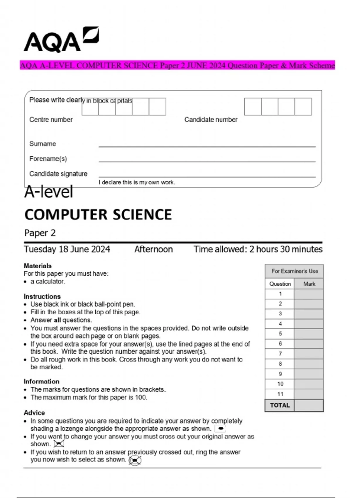 AQA A-LEVEL COMPUTER SCIENCE Paper 2 JUNE 2024 Question Paper & Mark ...