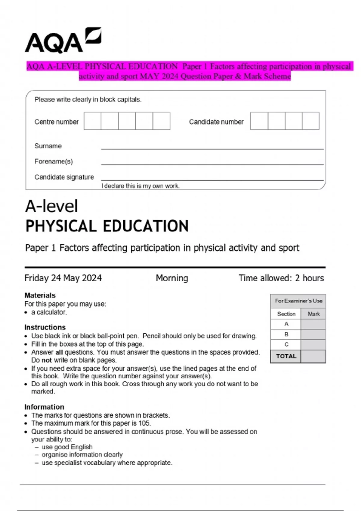 AQA A-LEVEL PHYSICAL EDUCATION Paper 1 Factors affecting participation ...
