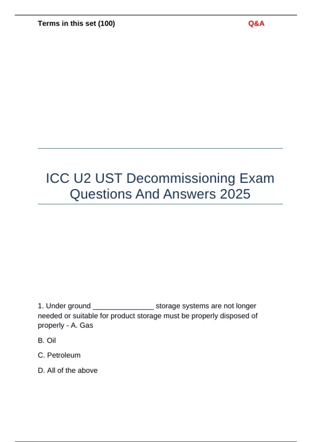 ICC U2 UST Decommissioning Exam Questions And Answers 2025 - ICC U2 UST - Stuvia US