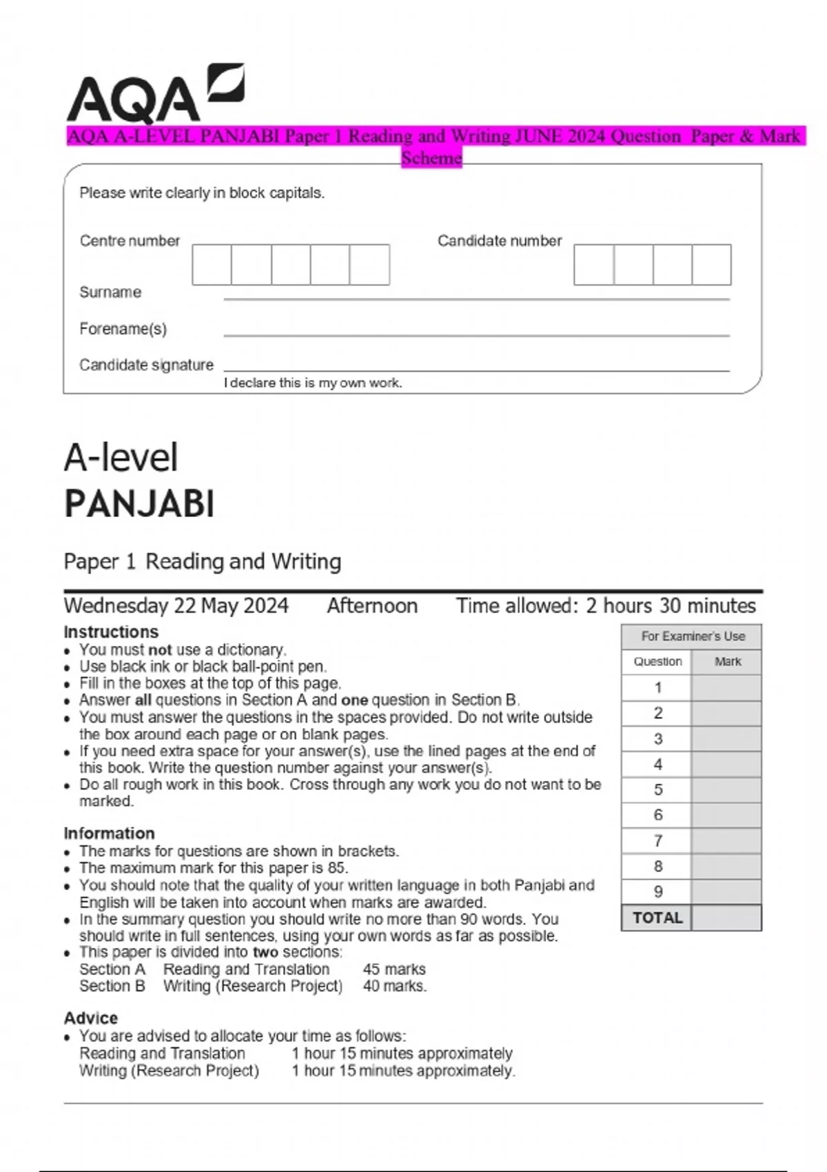 AQA A-LEVEL PANJABI Paper 1 Reading and Writing JUNE 2024 Question ...