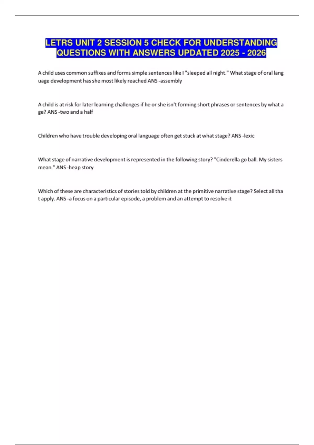 LETRS UNIT 2 SESSION 5 CHECK FOR UNDERSTANDING QUESTIONS WITH ANSWERS ...