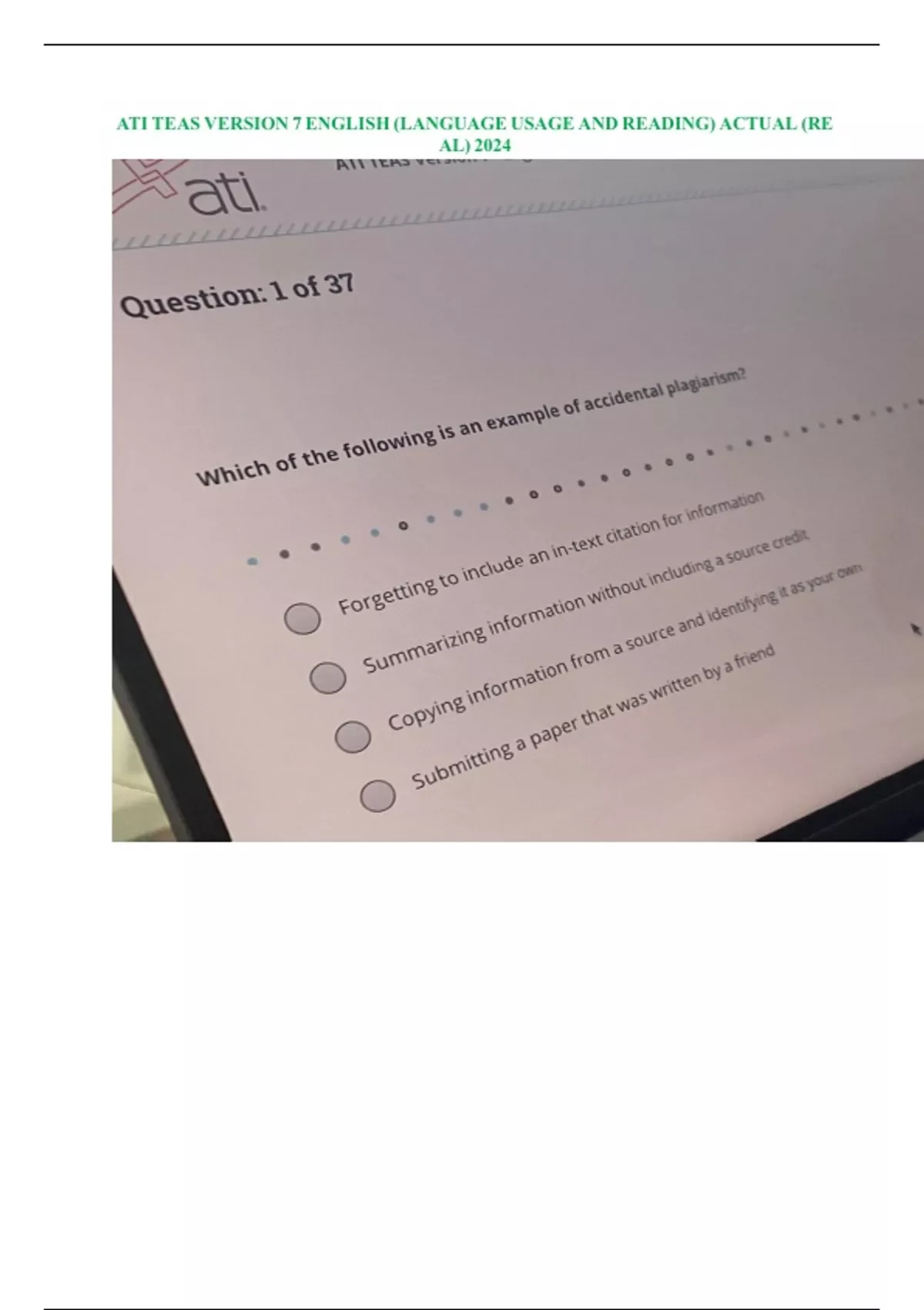 ATI TEAS VERSION 7 ENGLISH (LANGUAGE USAGE AND READING) ACTUAL ] (REAL ...