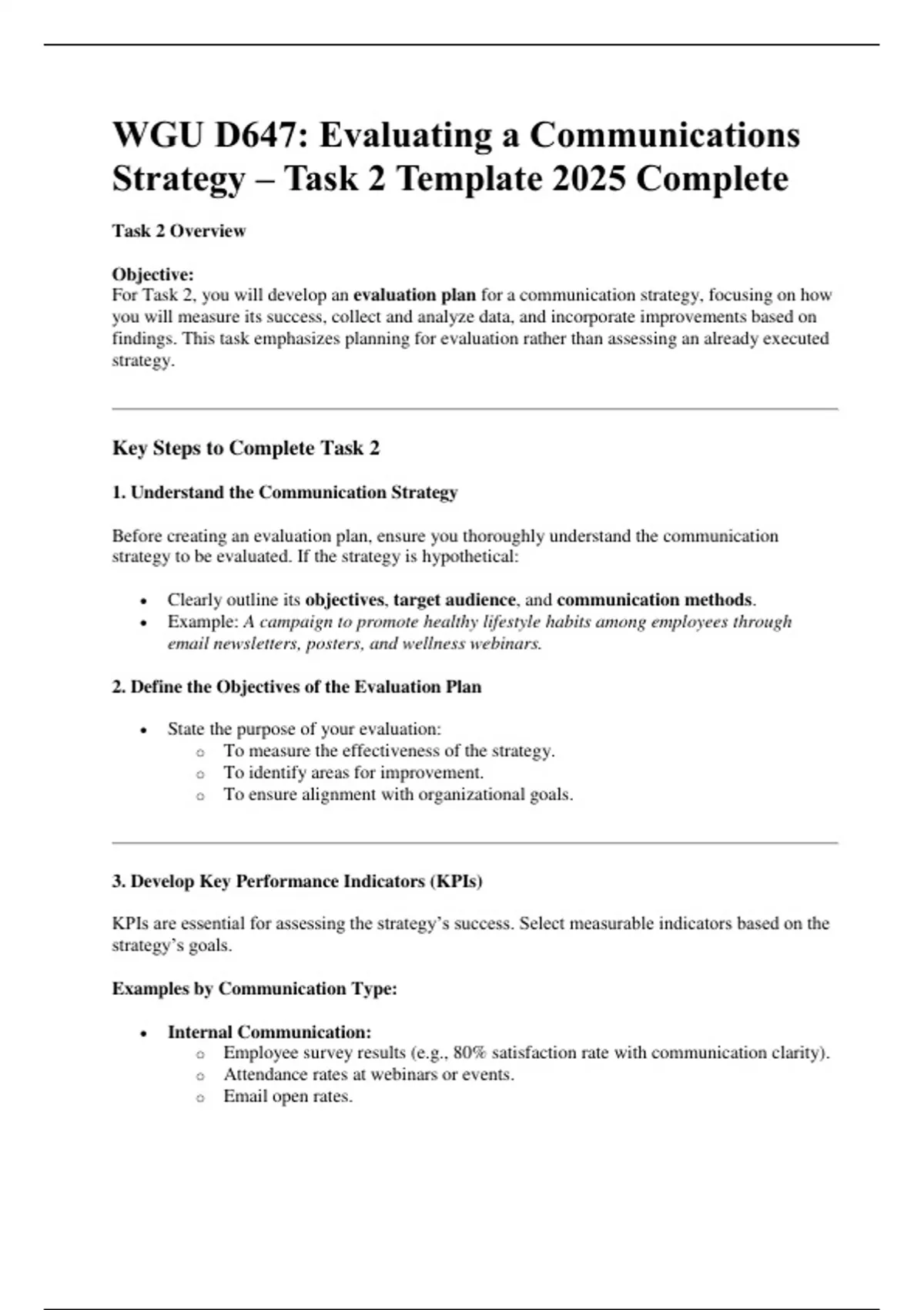 WGU D647: Evaluating a Communications Strategy – Task 2 Template 2025 ...