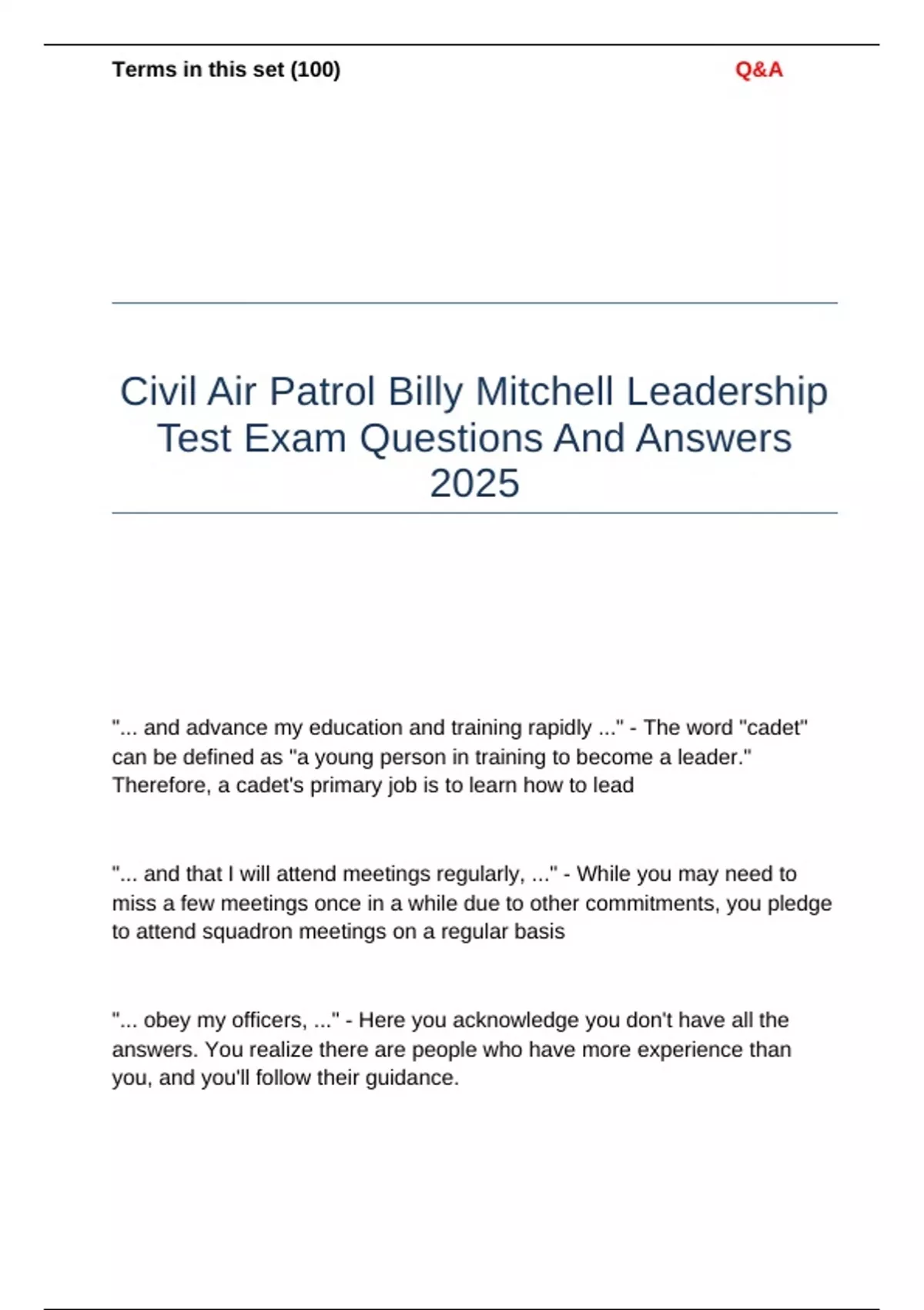 Civil Air Patrol Billy Mitchell Leadership Test Exam Questions And ...