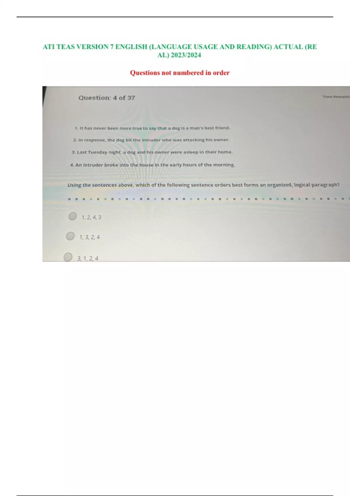 ATI TEAS VERSION 7 ENGLISH(LANGUAGE USAGE AND READING) ACTUAL(REAL ...