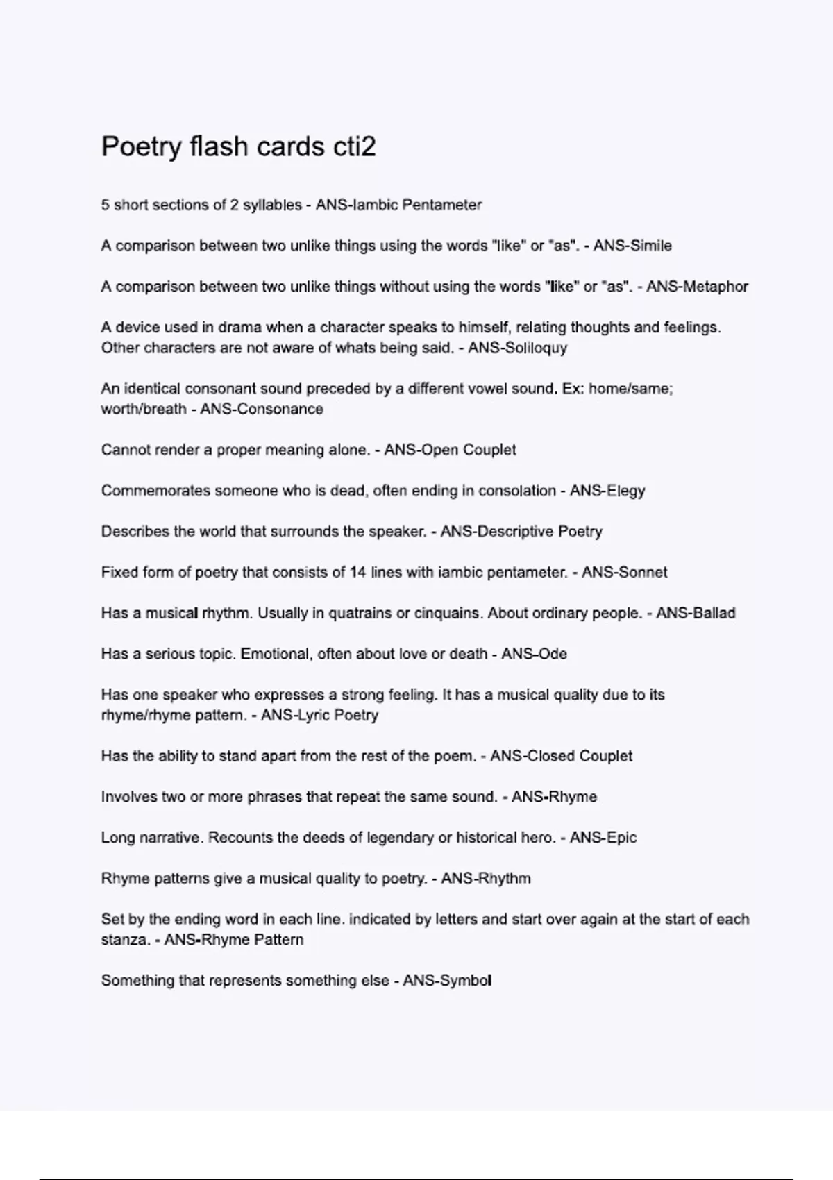 Poetry flash cards cti 2 (2024 / 2025) Questions and Verified Answers ...