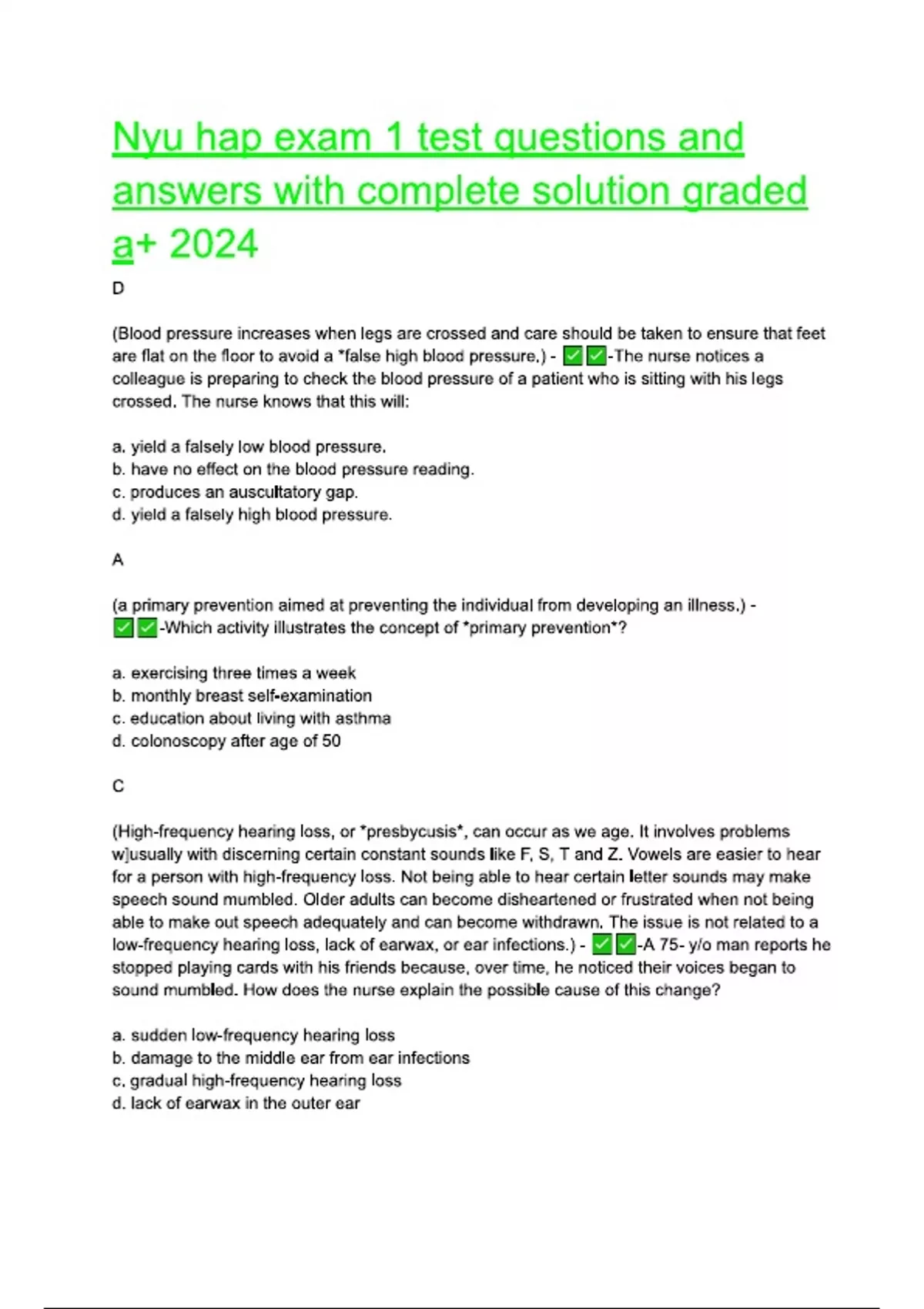 Nyu hap exam 1 (2024 / 2025) Questions and Verified Answers | 100% ...