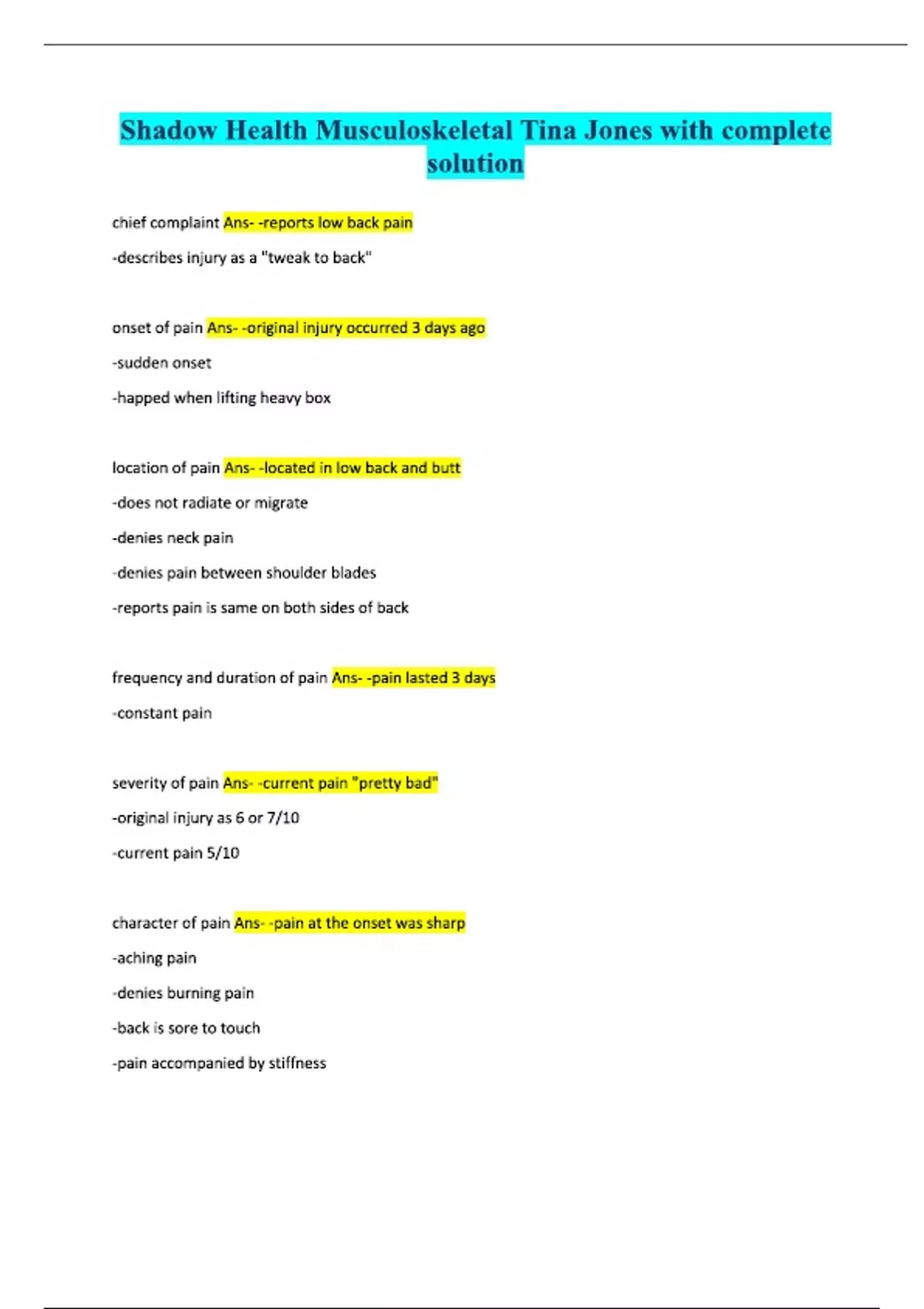 Shadow Health Musculoskeletal Tina Jones (2024 / 2025) Questions and Verified Answers | 100% ...