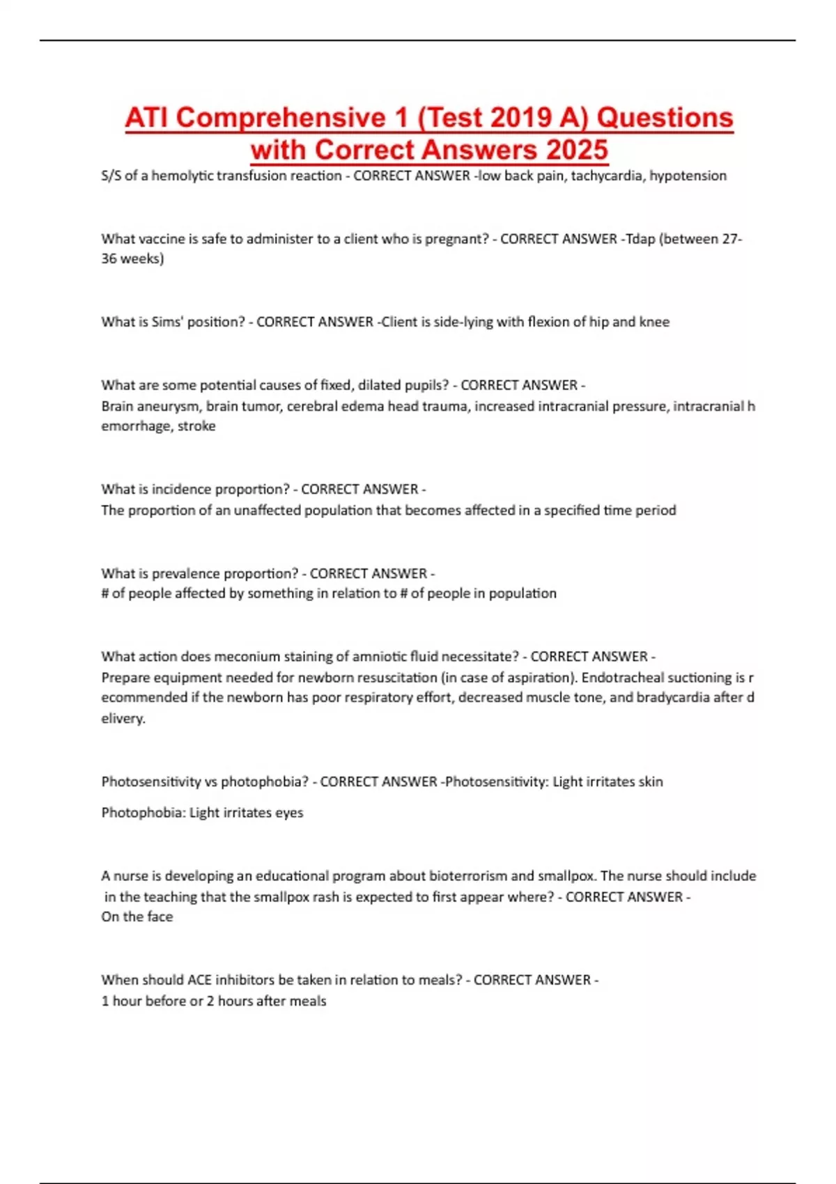 ATI Comprehensive 1 (Test 2019 A) Questions with Correct Answers 2025 ...