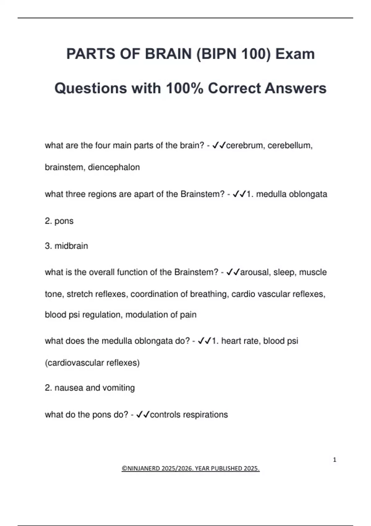 PARTS OF BRAIN (BIPN 100) Exam Questions with 100% Correct Answers ...
