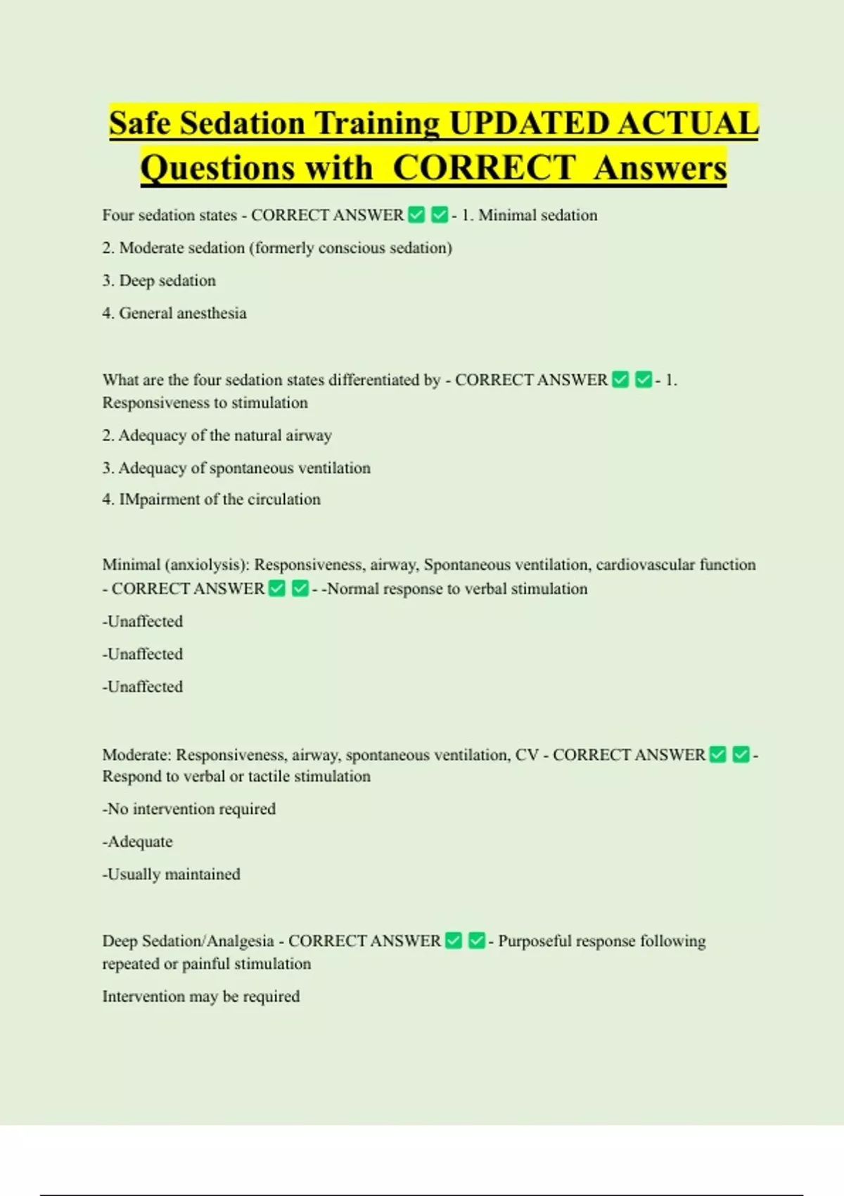 Safe Sedation Training UPDATED ACTUAL Questions with CORRECT Answers ...