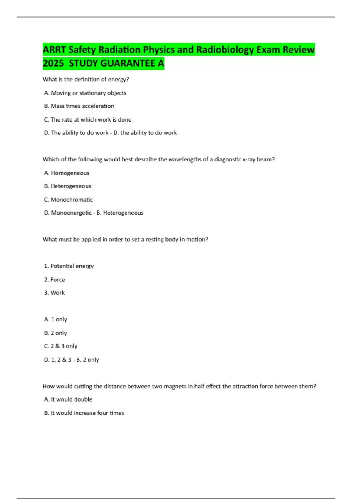 ARRT Safety Radiation Physics and Radiobiology Exam Review 2025 STUDY ...