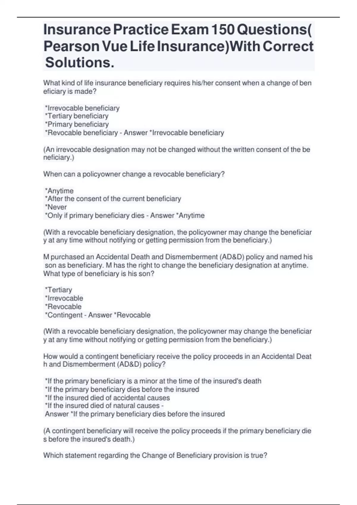 Insurance Practice Exam 150 Questions(Pearson Vue Life Insurance)With ...