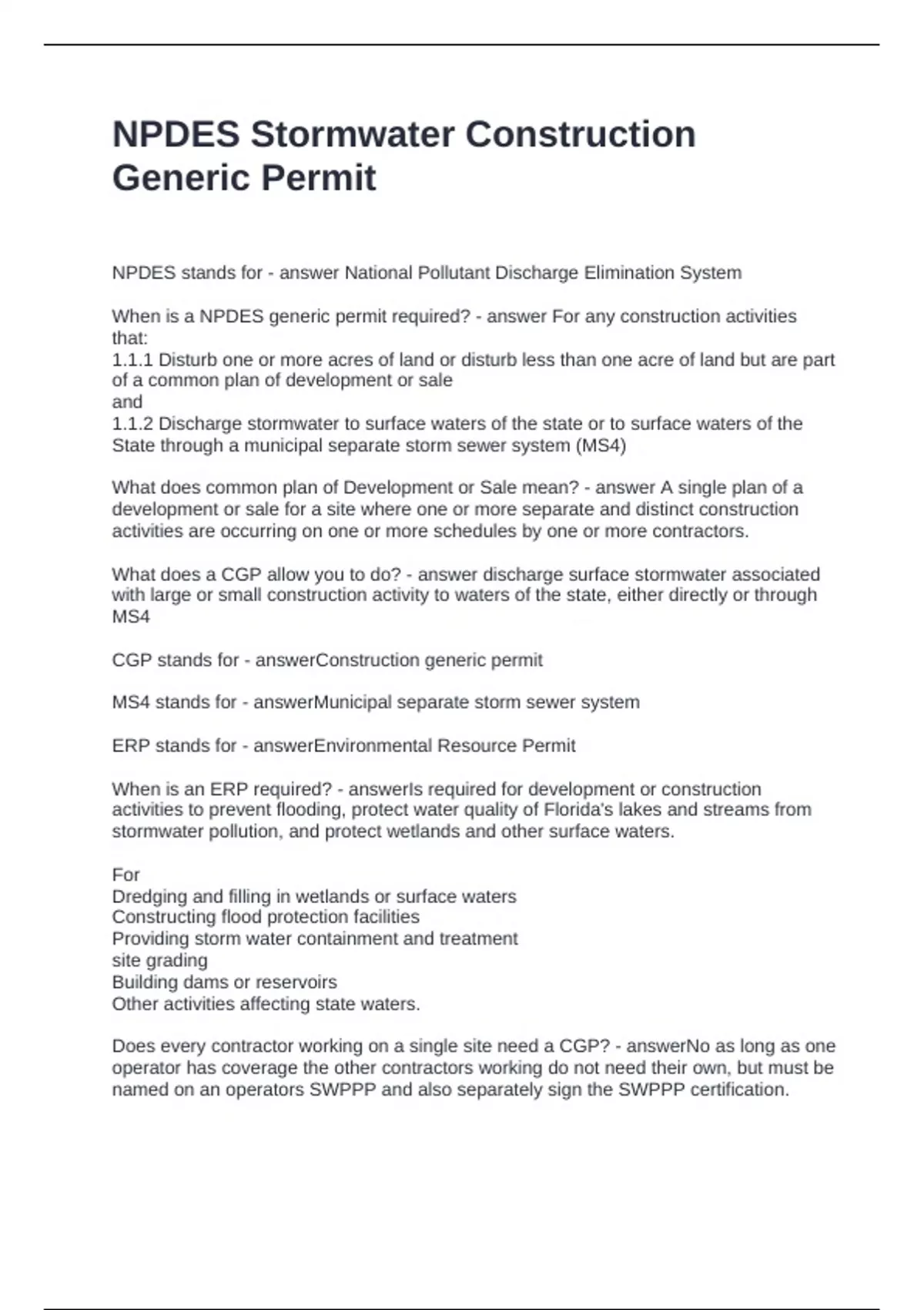 NPDES Stormwater Construction Generic Permit Questions and Answers ...