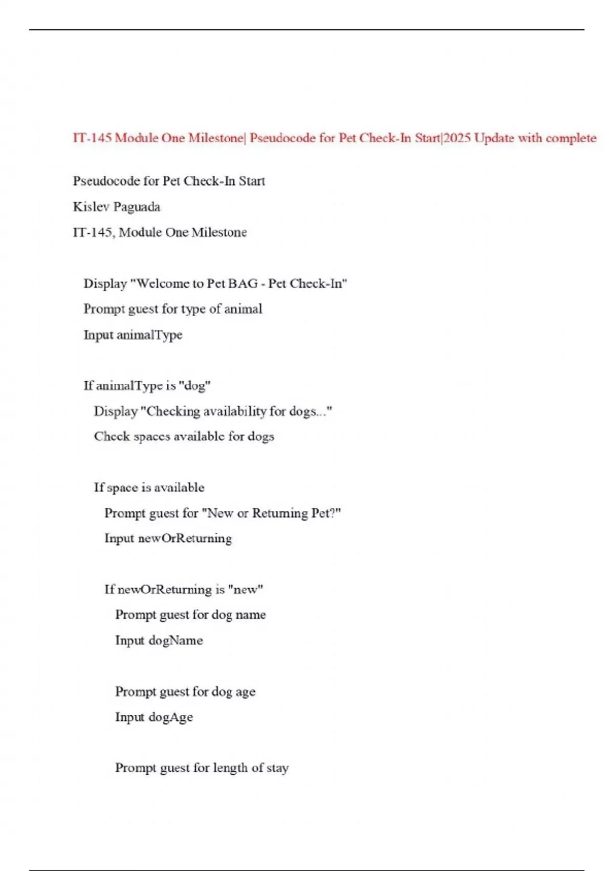 IT-145 Module One Milestone| Pseudocode for Pet Check-In Start|2025 ...