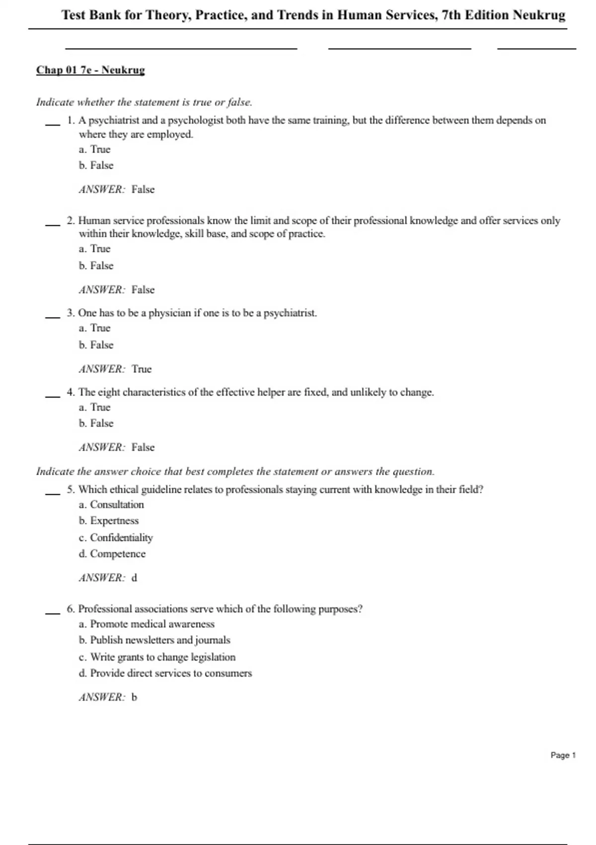 Test Bank for Theory, Practice, and Trends in Human Services, 7th ...