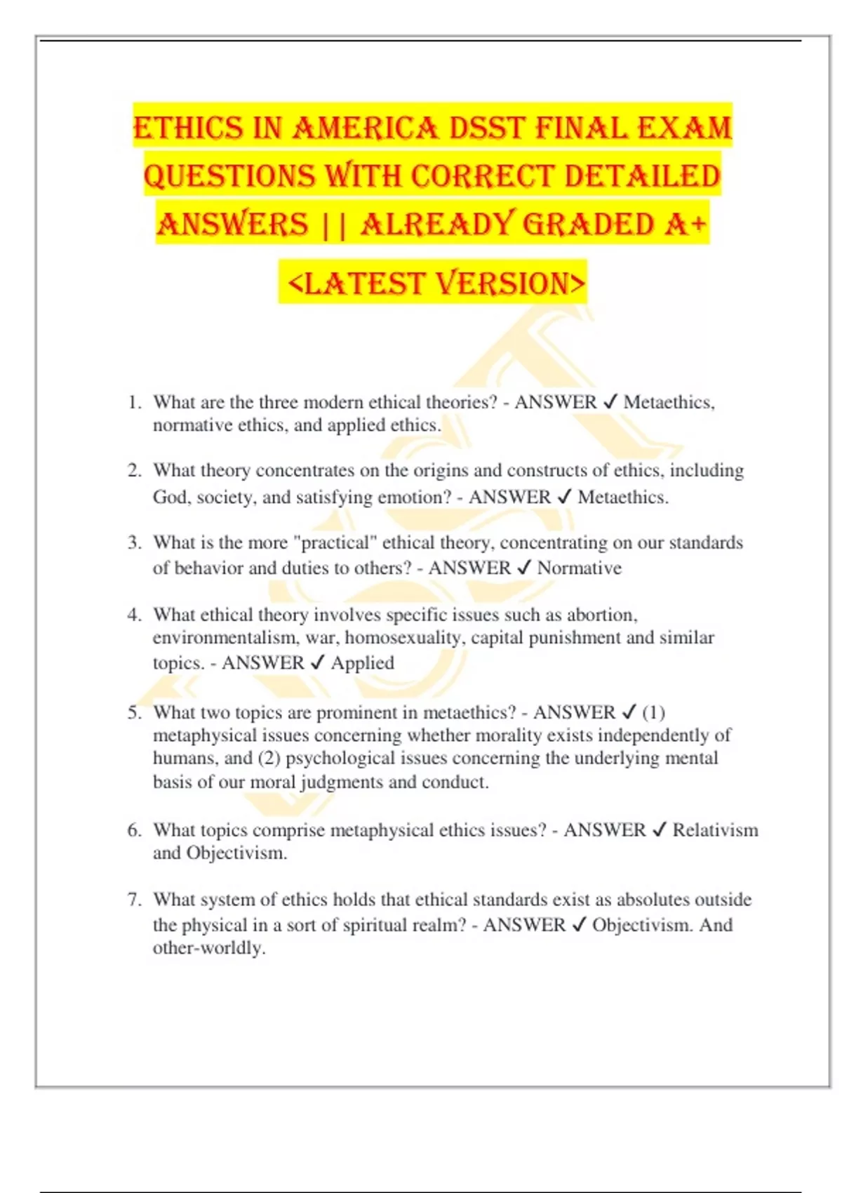 ETHICS IN AMERICA DSST FINAL EXAM QUESTIONS WITH CORRECT DETAILED ...