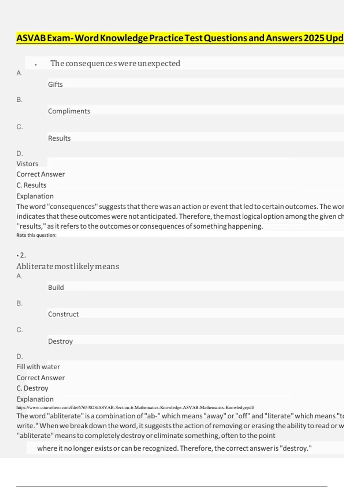 ASVAB Exam- Word Knowledge Practice Test Questions and Answers 2025 ...