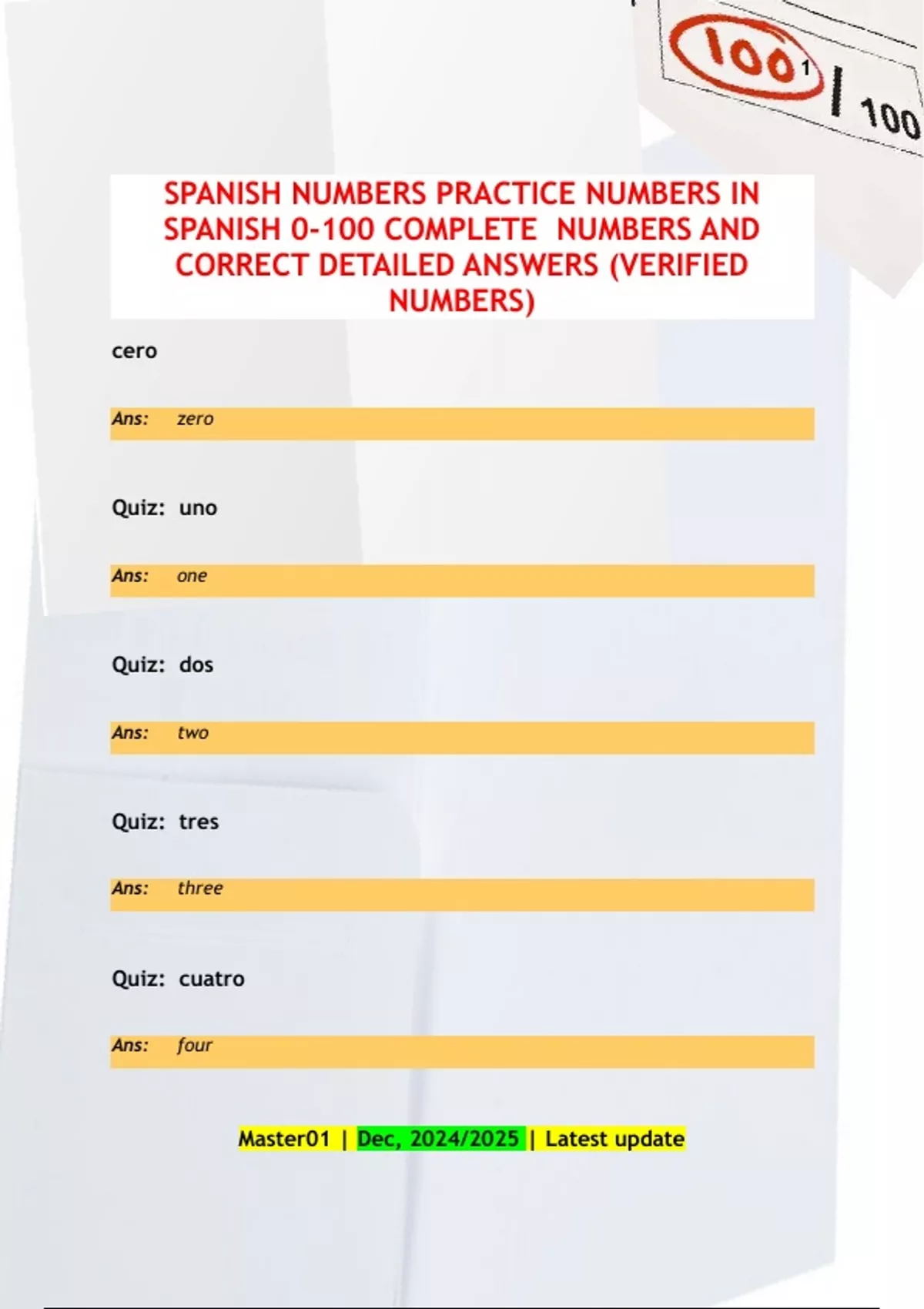 SPANISH NUMBERS PRACTICE NUMBERS IN SPANISH 0-100 COMPLETE NUMBERS AND ...