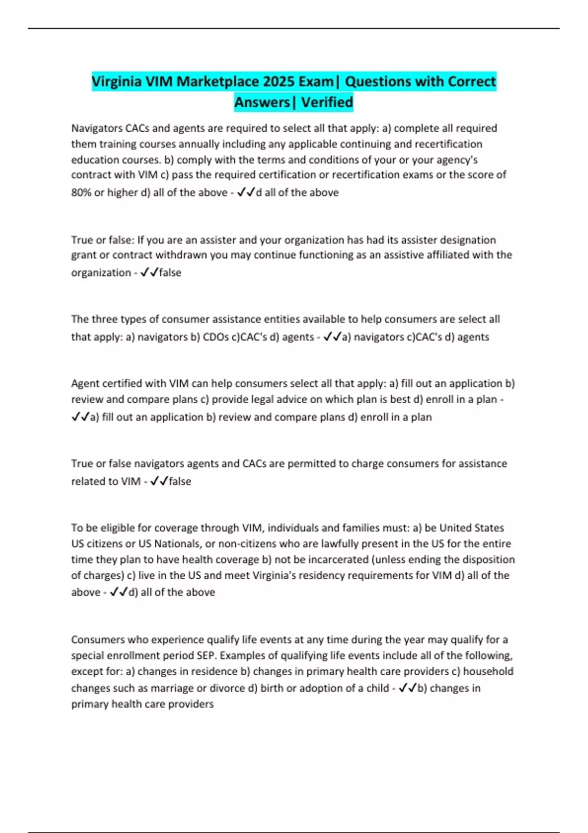 Virginia VIM Marketplace 2025 Exam| Questions with Correct Answers ...