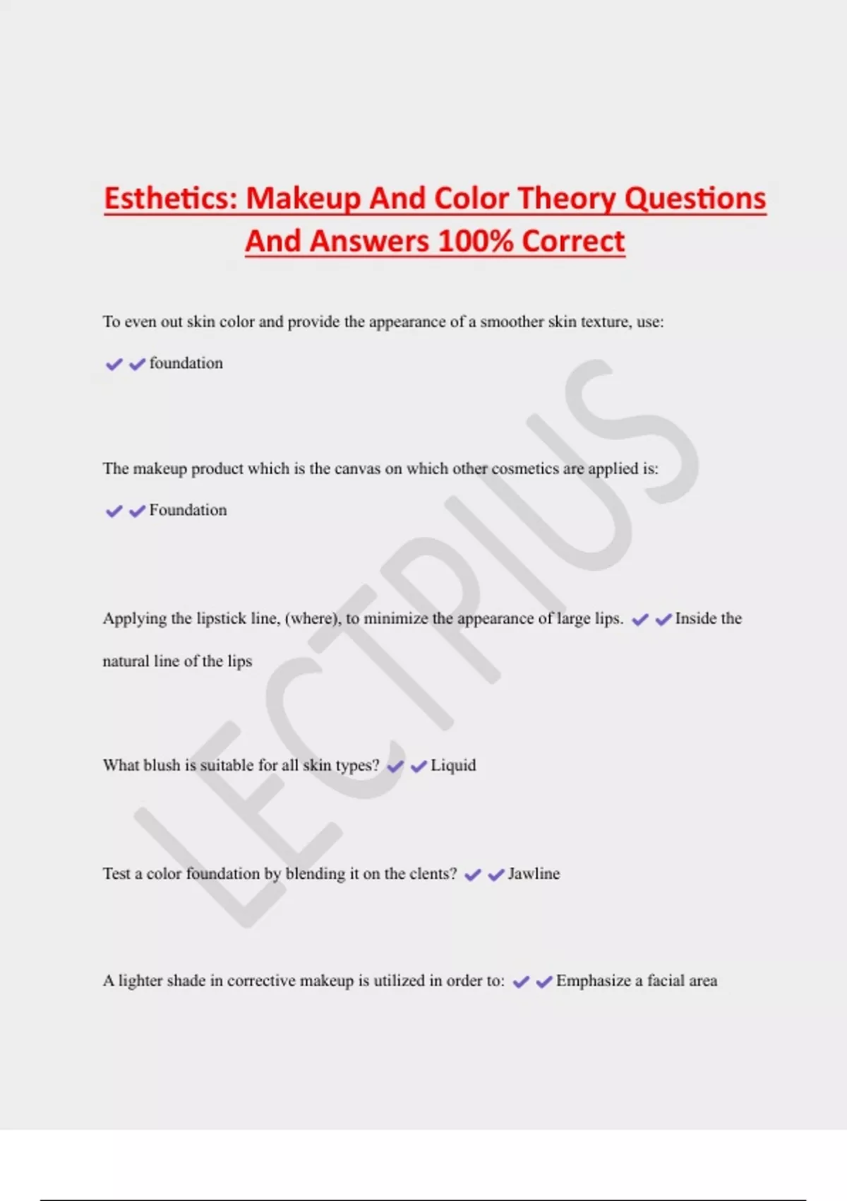 Esthetics: Makeup And Color Theory Questions And Answers 100% Correct ...