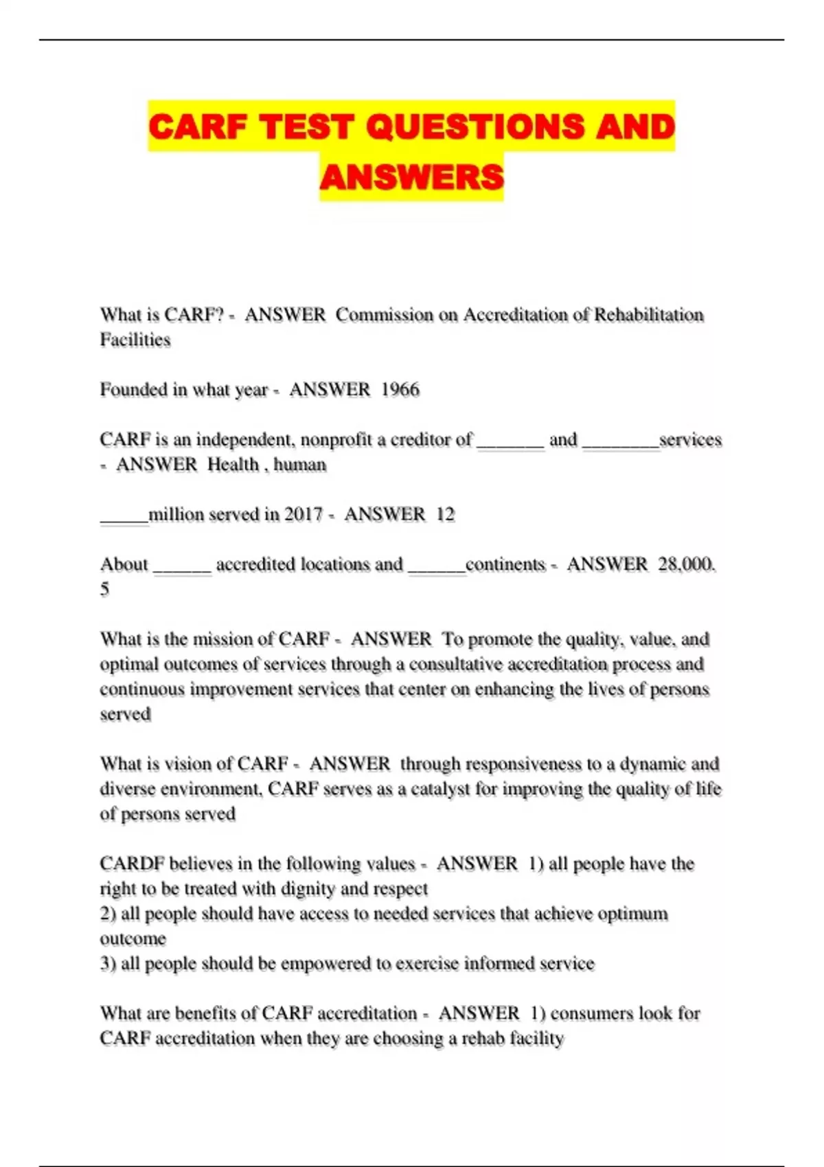 CARF TEST QUESTIONS AND ANSWERS - CARF - Stuvia US