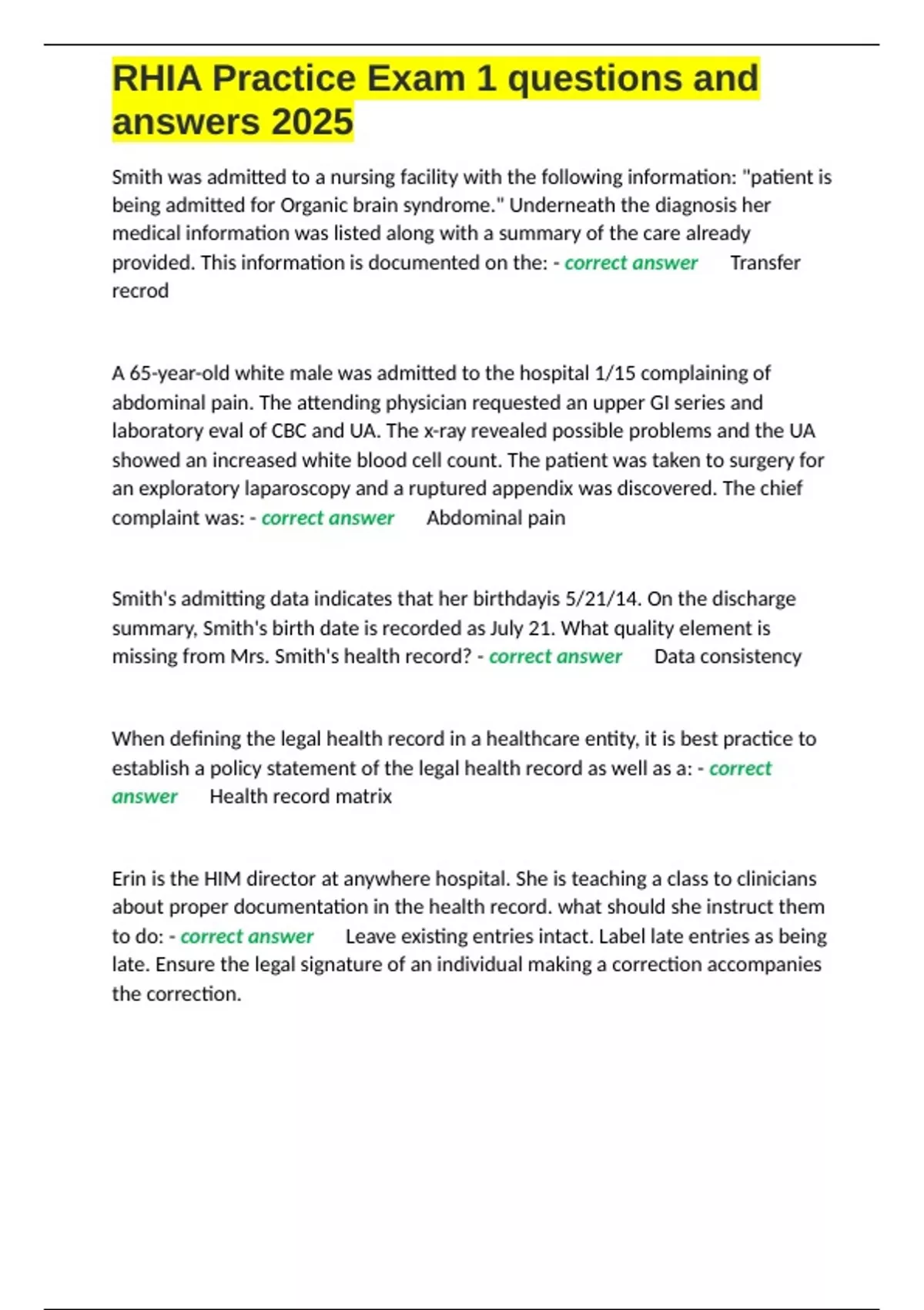 Summary RHIA Practice Exam 1 questions and answers 2025. - RHIA - Stuvia US