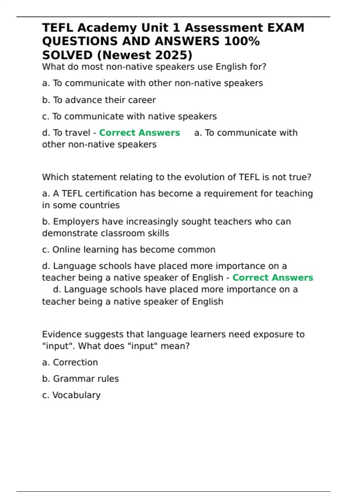 Summary TEFL Academy Unit 1 Assessment EXAM QUESTIONS AND ANSWERS 100- SOLVED (Newest 2025 ...