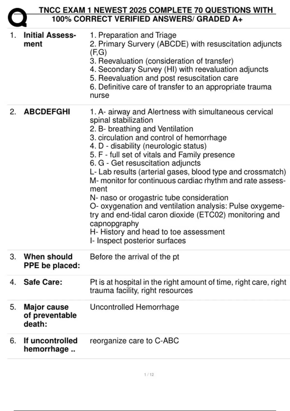 TNCC EXAM 1 NEWEST 2025 COMPLETE 70 QUESTIONS WITH 100% CORRECT ...