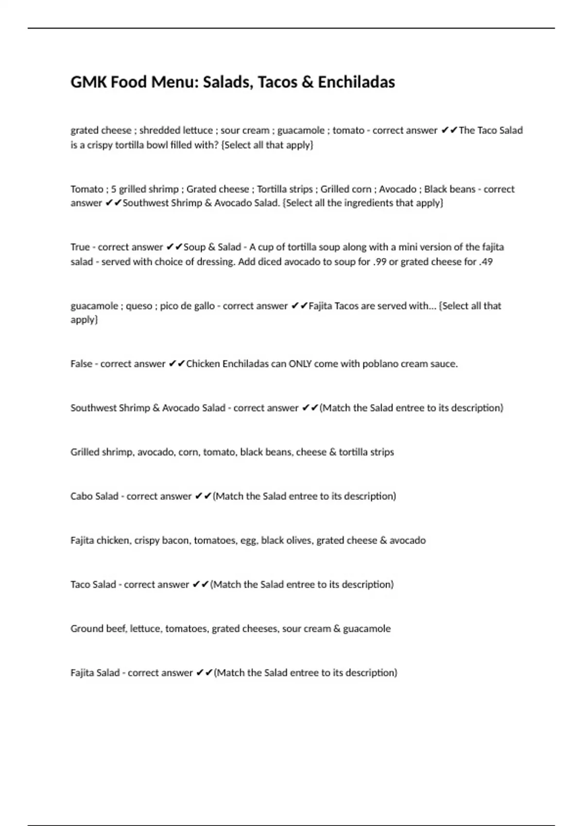 GMK Food Menu: Salads, Tacos & Enchiladas - Gmk - Stuvia US