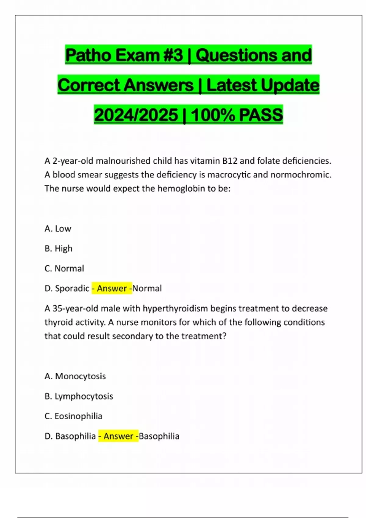 Patho Exam #3 | Questions and Correct Answers | Latest Update 2024/2025 ...