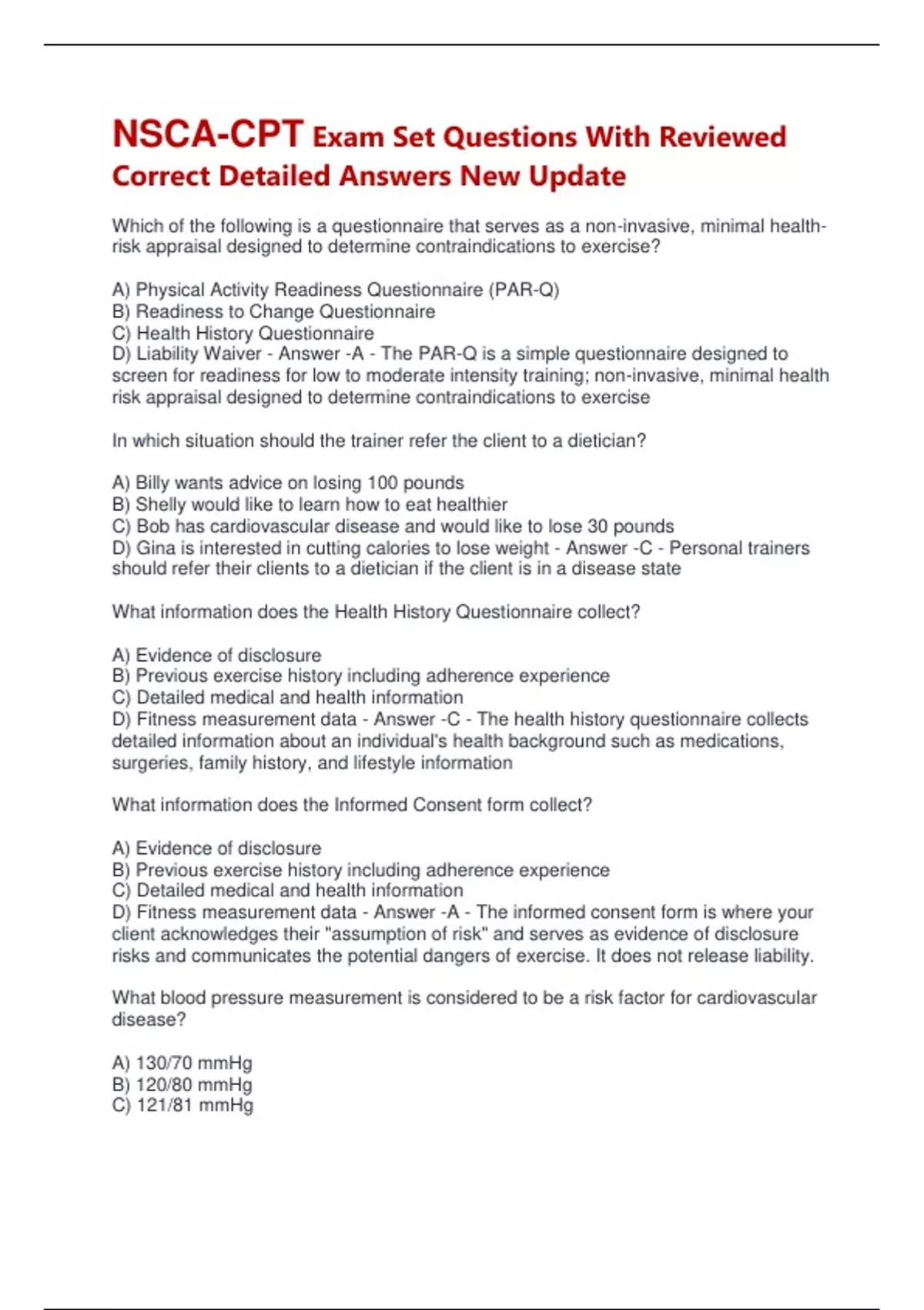 NSCA-CPT Exam Set Questions With Reviewed Correct Detailed Answers New ...