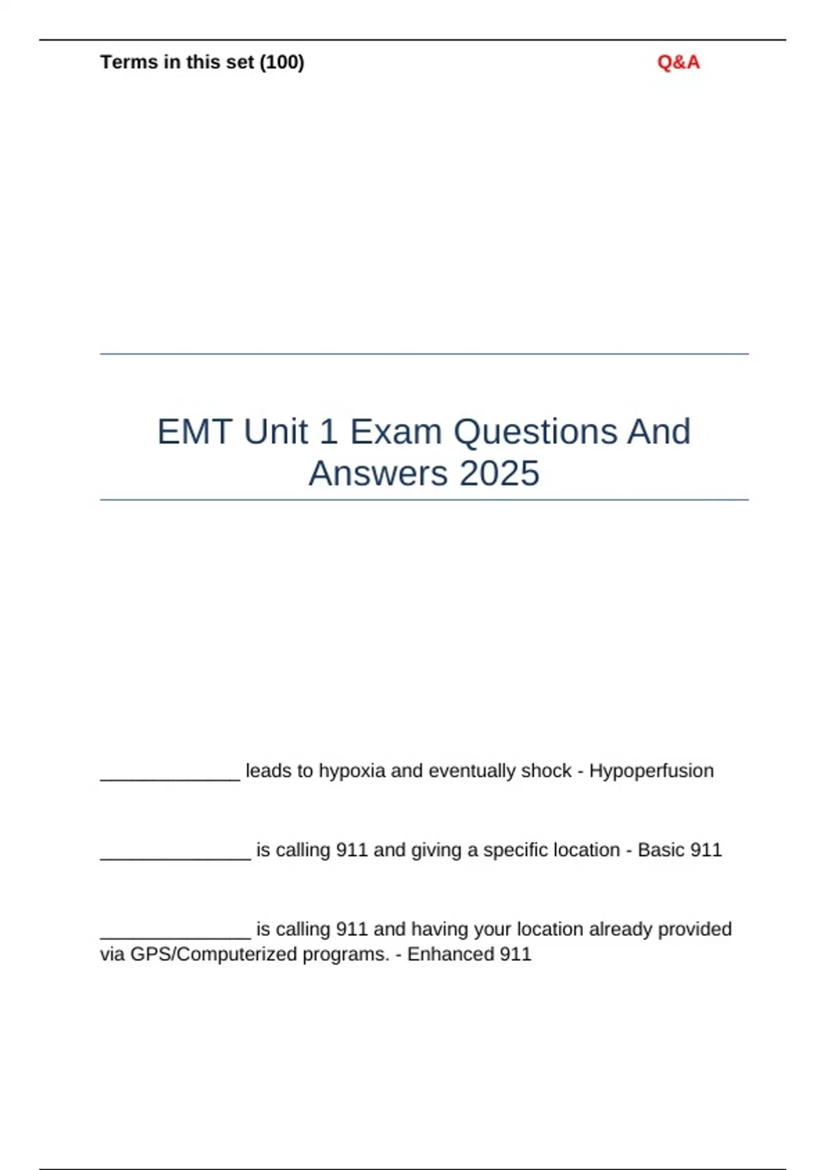 Emt Unit 1 Exam Questions And Answers 2025 Accelerated Emt Stuvia Us
