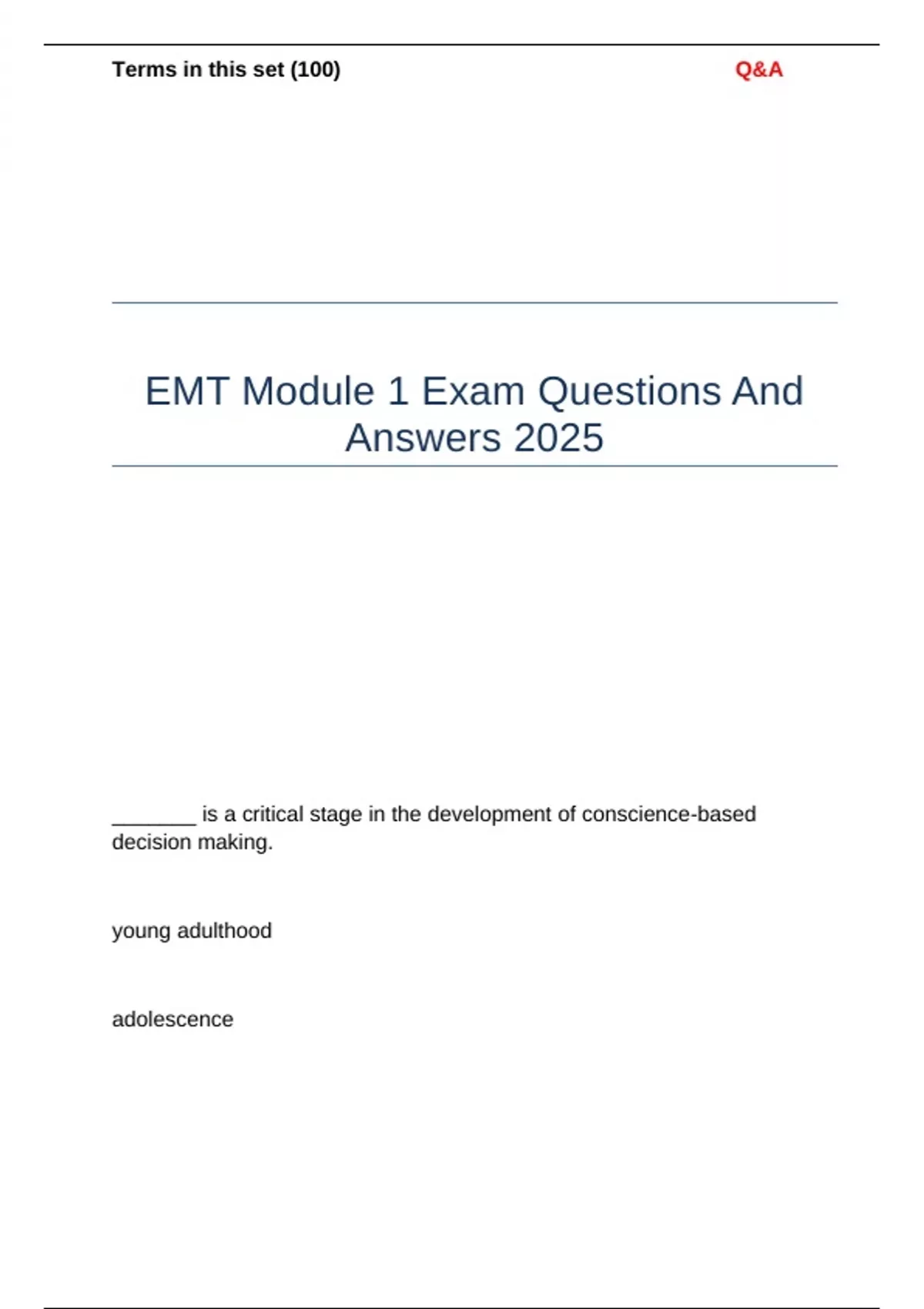 Emt Module 1 Exam Questions And Answers 2025 Accelerated Emt Stuvia Us
