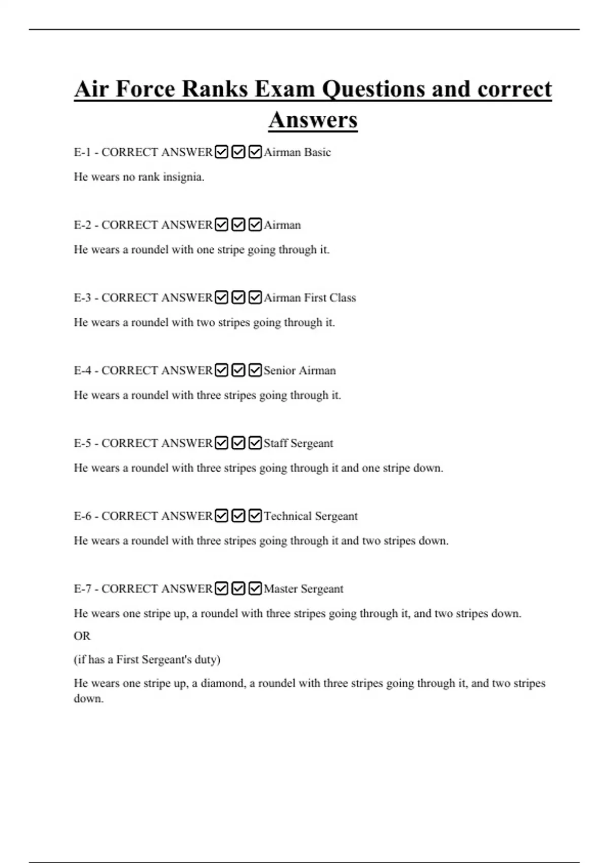Air Force Ranks Exam Questions and correct Answers - AIR FORCE - Stuvia US