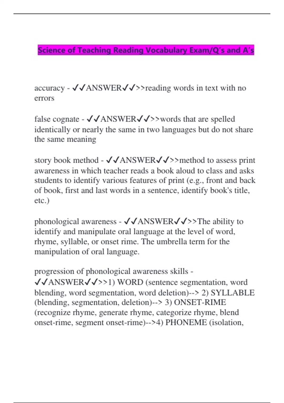Science of Teaching Reading Vocabulary Exam/Q’s and A’s accuracy ...