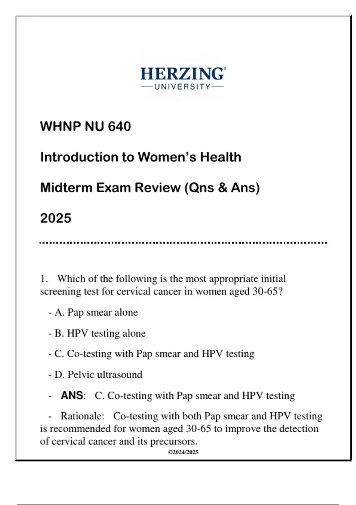 NU 640 (HU-WHNP) Introduction to Women-s Health Midterm Exam (Qns & Ans ...