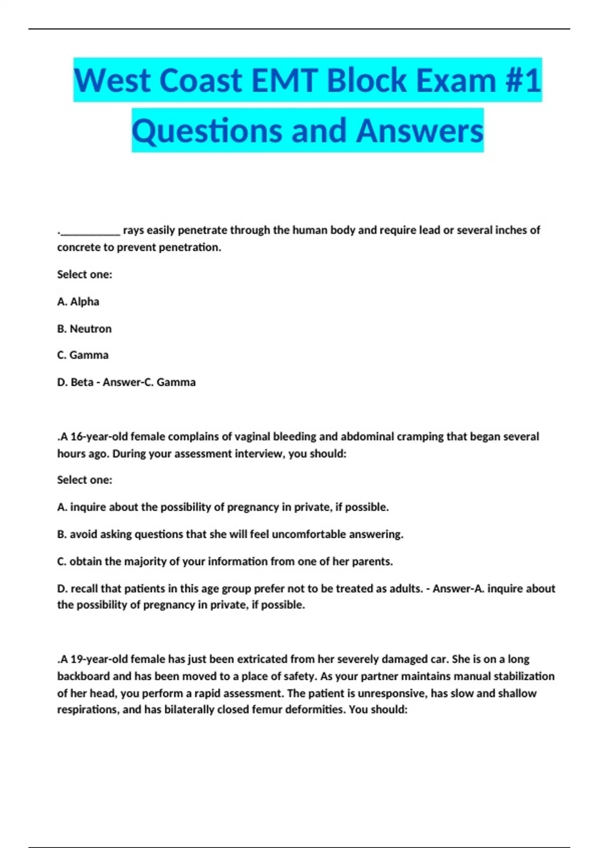 West Coast EMT Block Exam #1 Questions and Answers - West Coast EMT ...