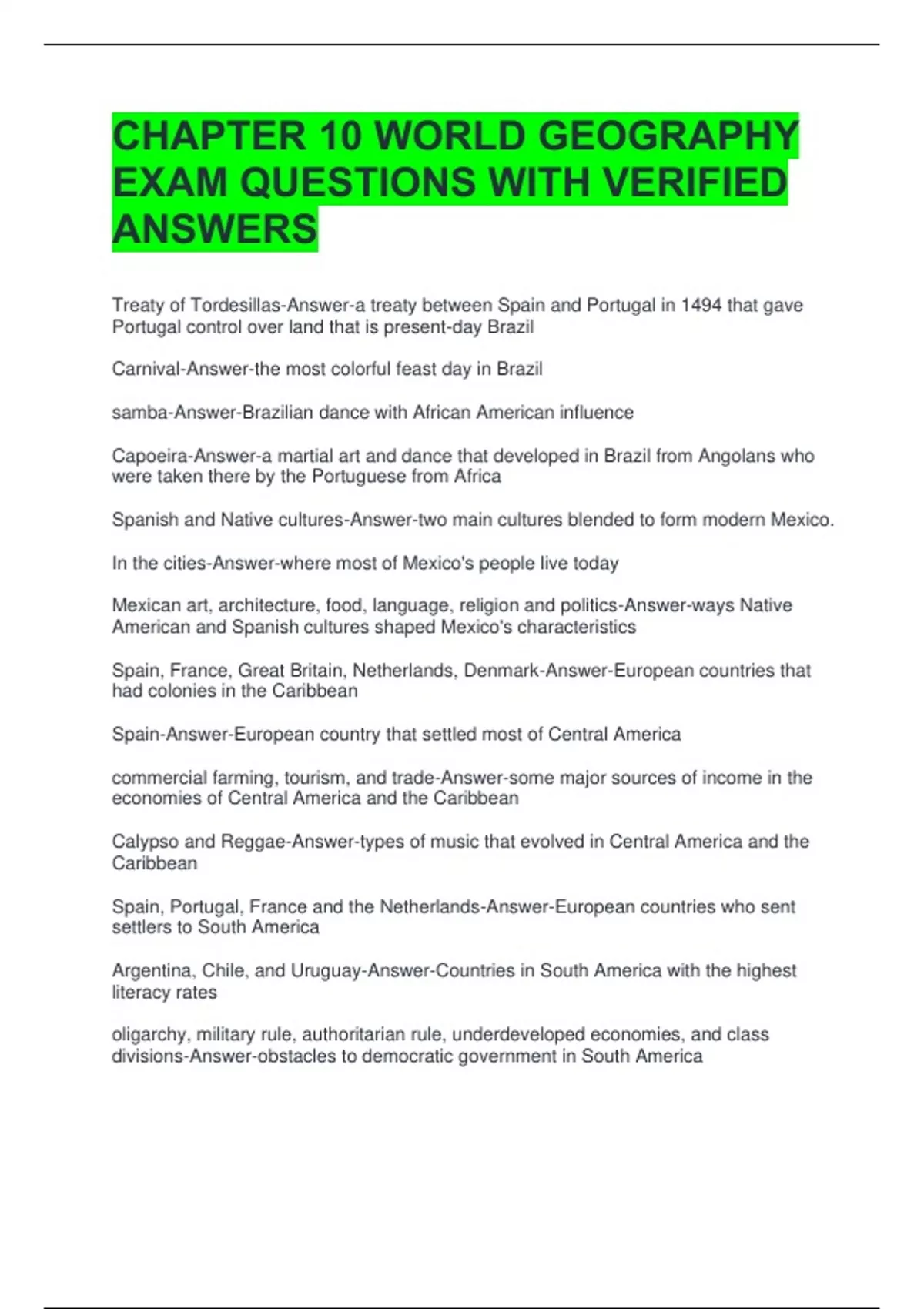CHAPTER 10 WORLD GEOGRAPHY EXAM QUESTIONS WITH VERIFIED ANSWERS ...